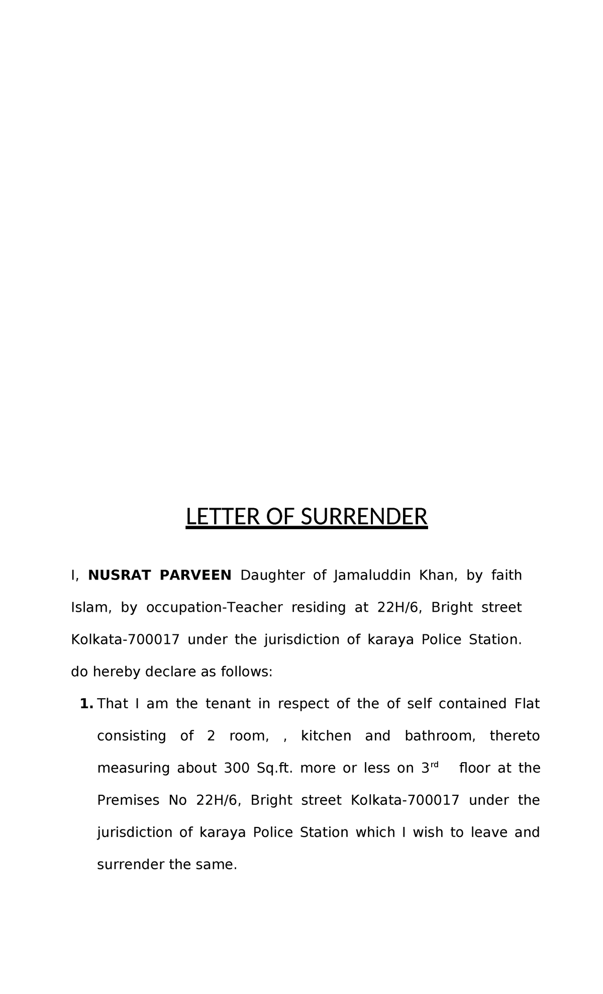 Letter of Surrender - Nusrat Parveen's Tenancy Rights - Studocu