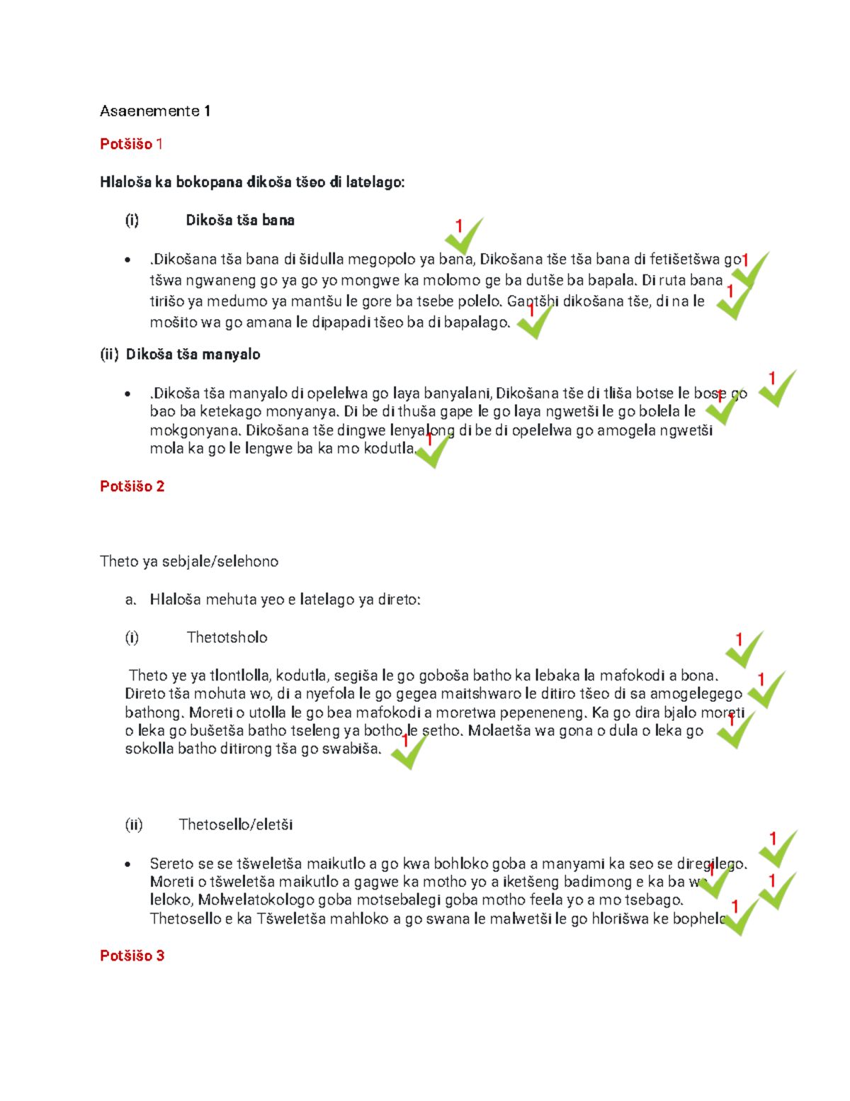 Sepedi - Asaenemene 1: Dikoša, Theto, le Tiragatšo - Studocu