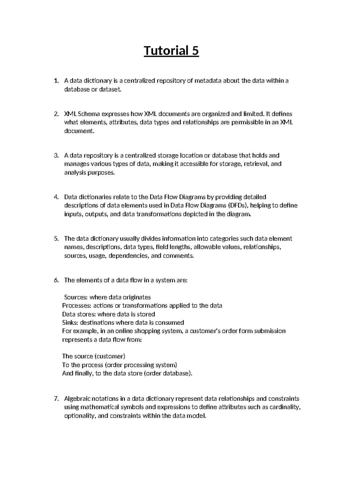 ITSU2004 Tutorial 5 - Tutorial 5 A data dictionary is a centralized ...
