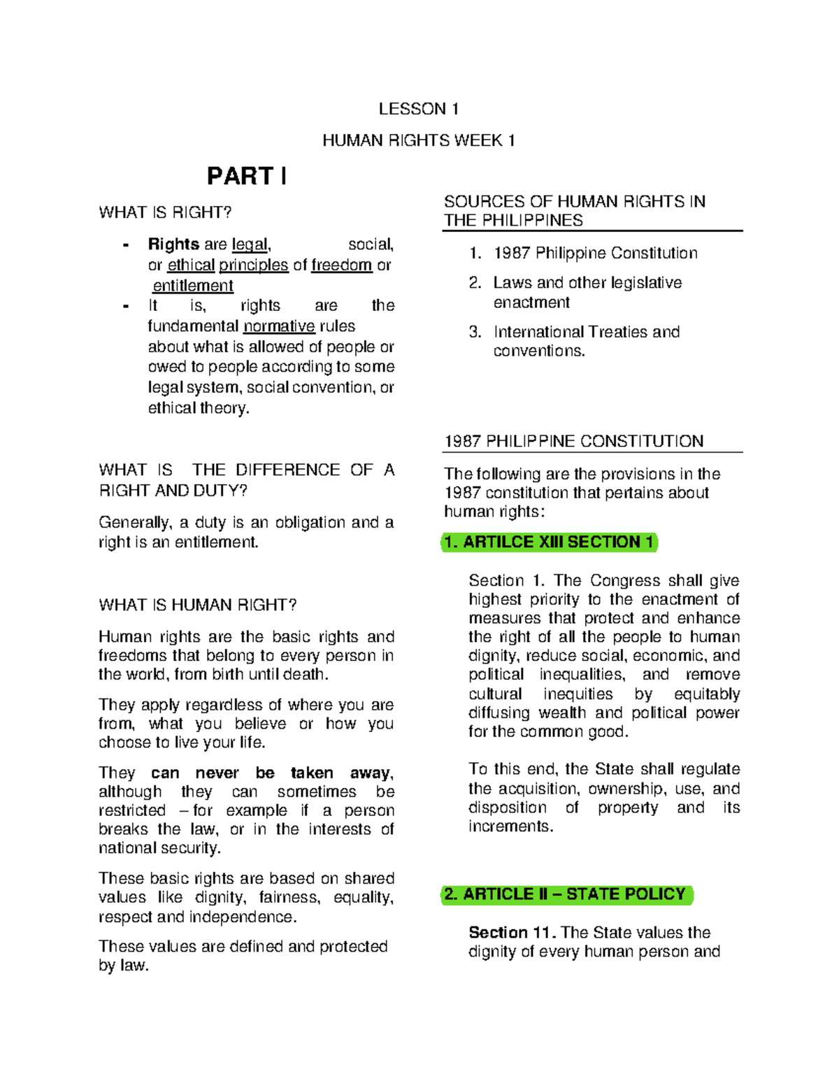Lesson 1: Understanding Human Rights - Key Concepts and Sources - Studocu