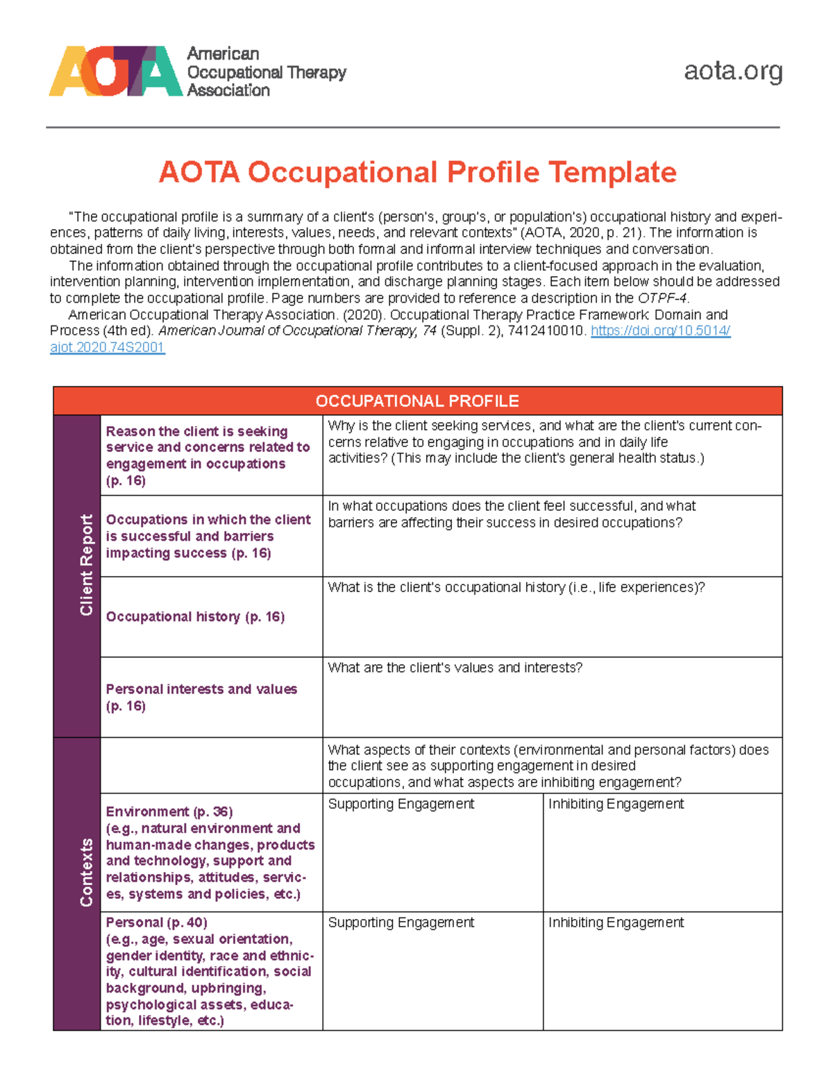 AOTA Occupational Profile Template for Client Evaluation & Planning ...