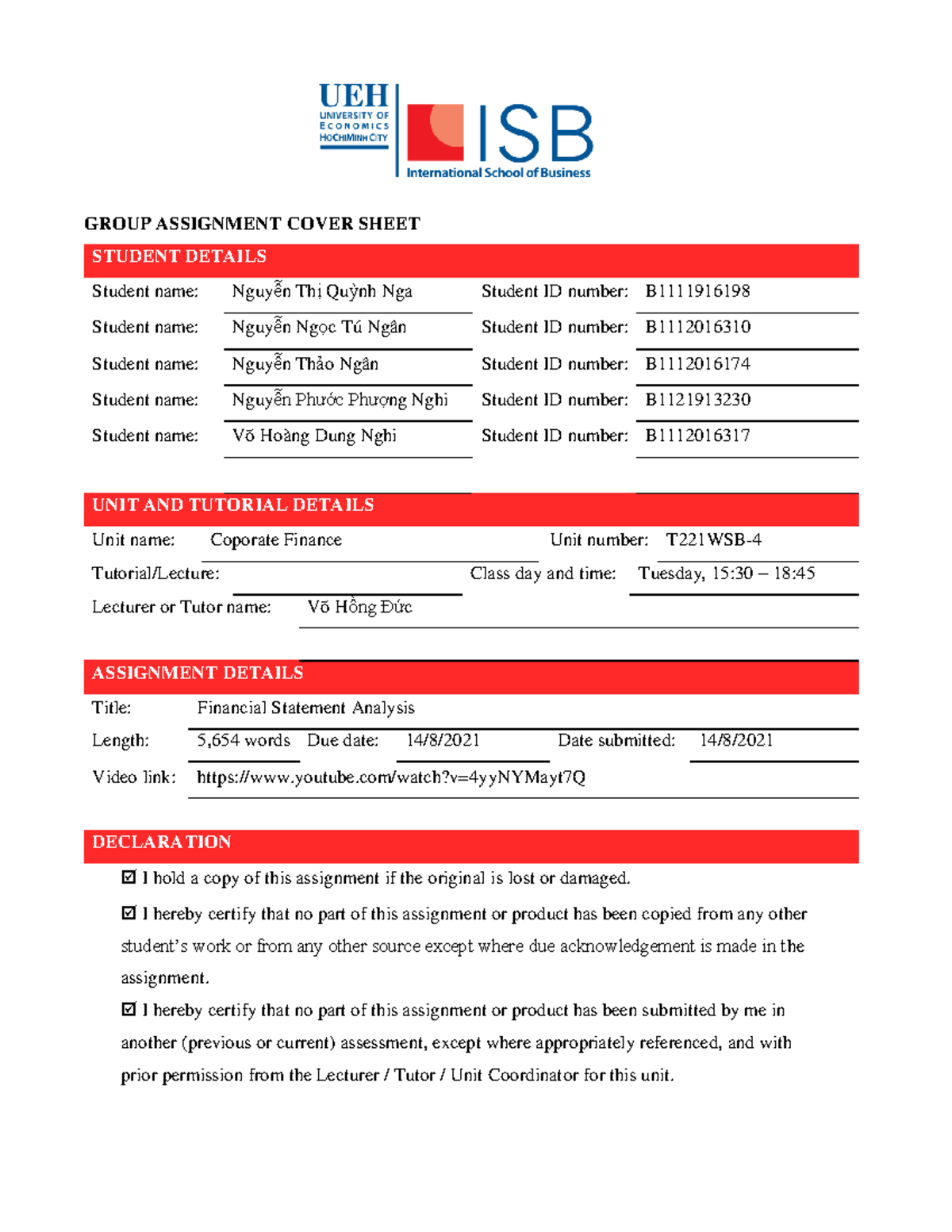 financial report - GROUP ASSIGNMENT COVER SHEET STUDENT DETAILS Student ...