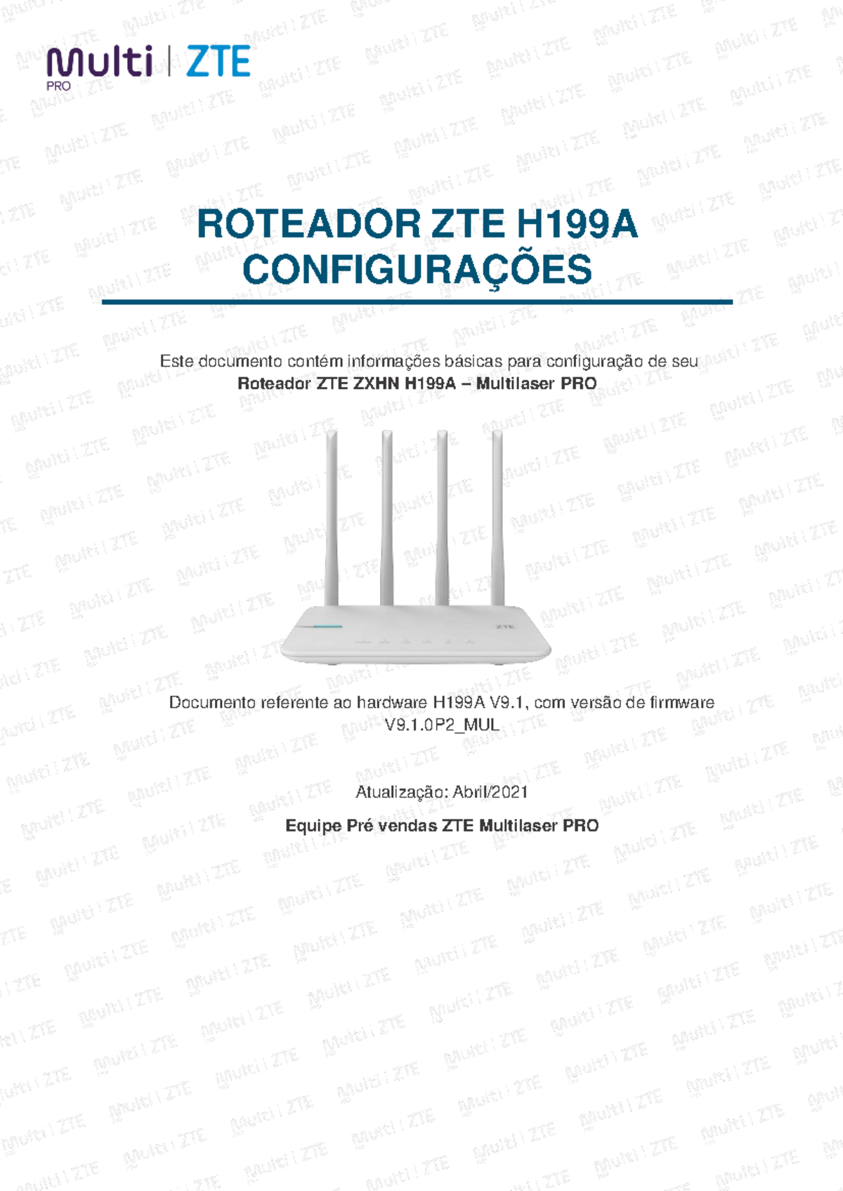 Guia de Configuração do Roteador ZTE H199A - V9.1 e Firmware P2 - Studocu