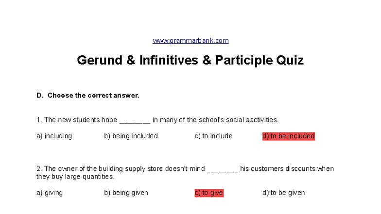 Gerund Infinitives Quiz 144445: Choose the Correct Answer - Studocu