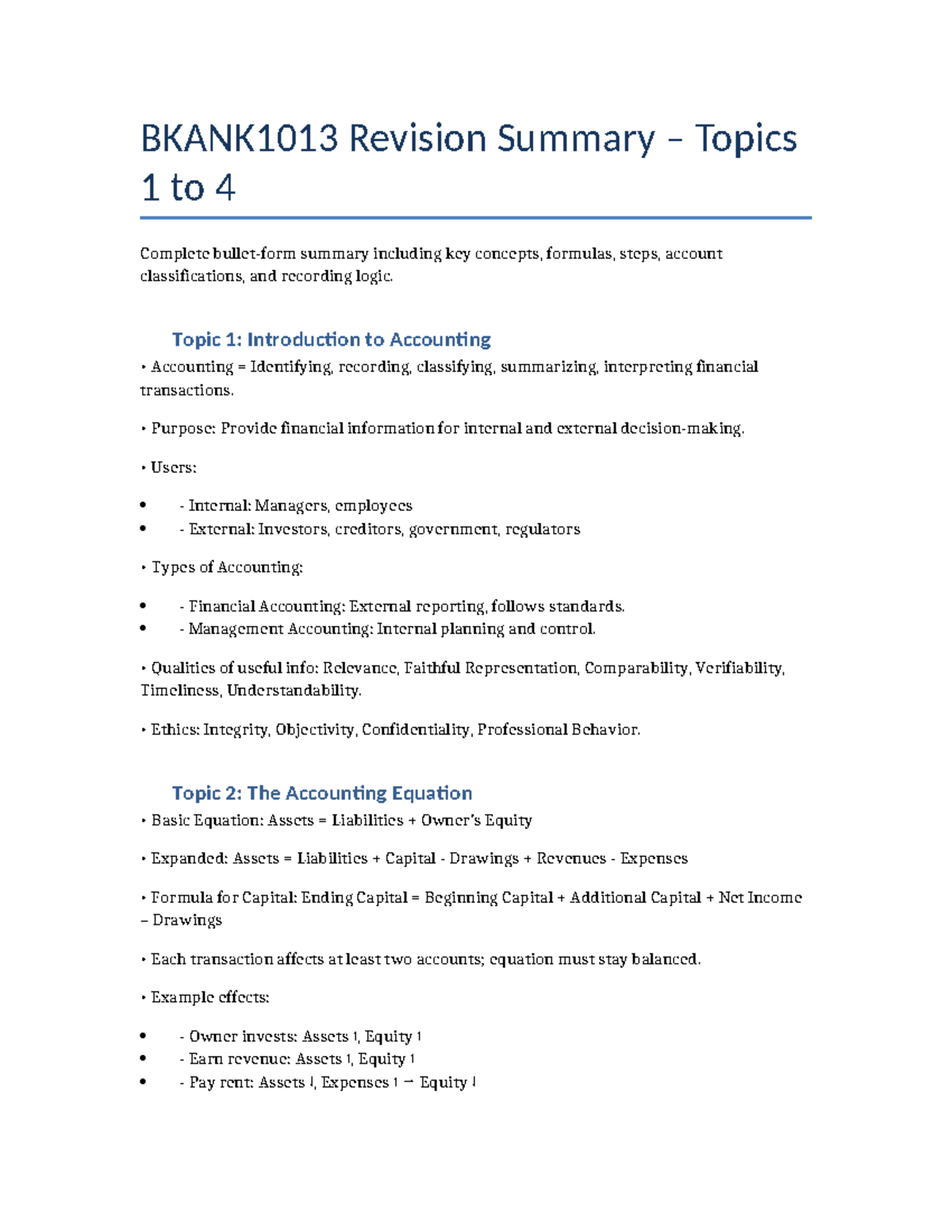 BKANK1013 Final Exam Revision: Topics 1-4 Key Concepts & Formulas - Studocu