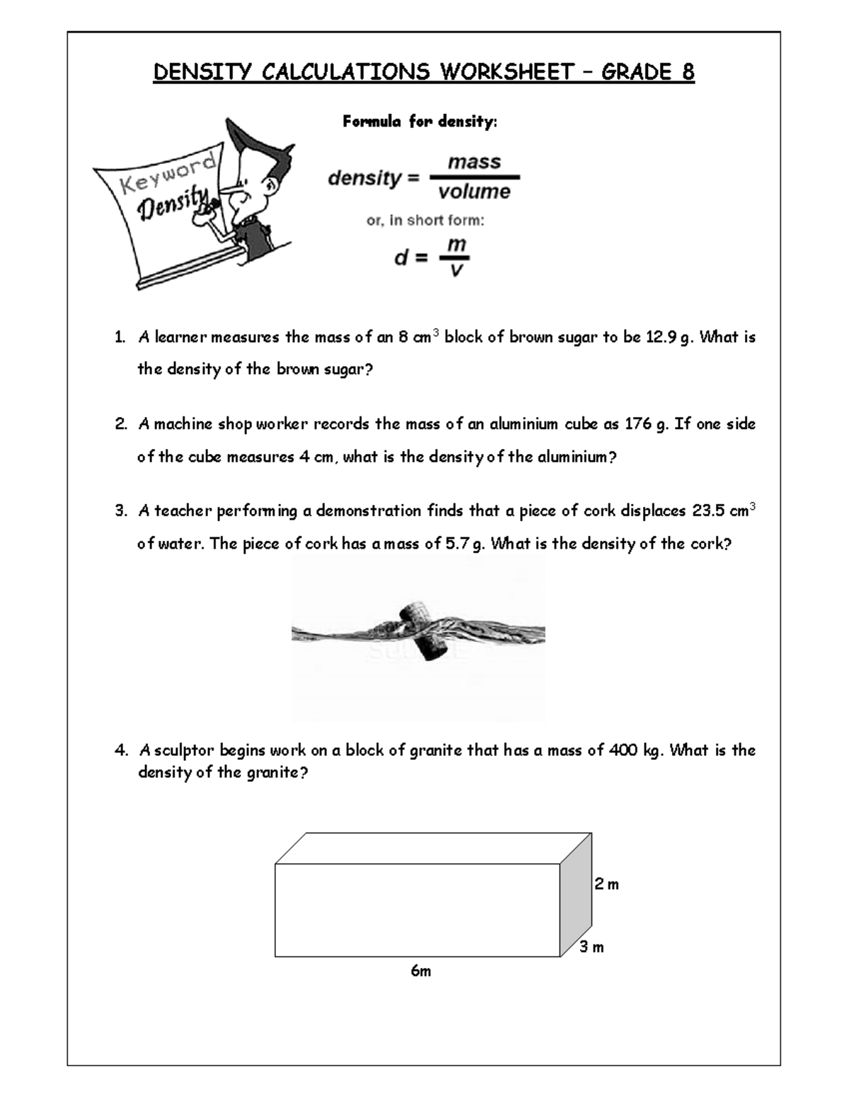 Density calculations worksheet grade 8: solving density problems - Studocu