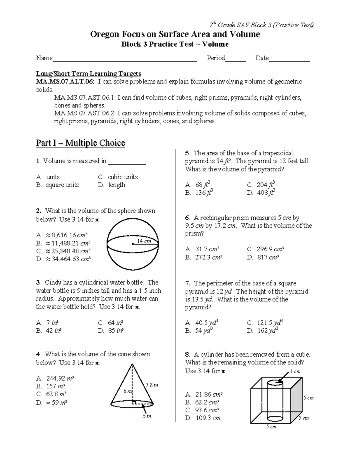 Surface-area and volume sav practice test - 7 Grade SAV Block 3 ...