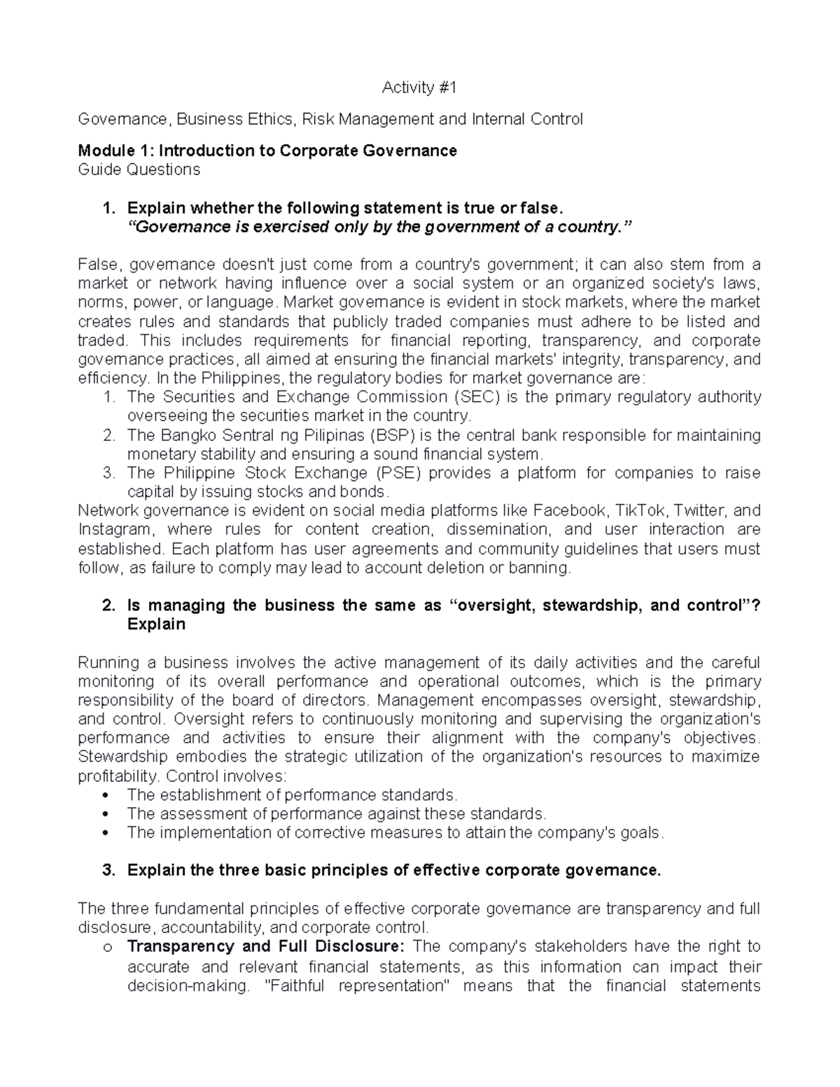 Corporate Governance & Business Ethics: Module 1 Guide Questions - Studocu