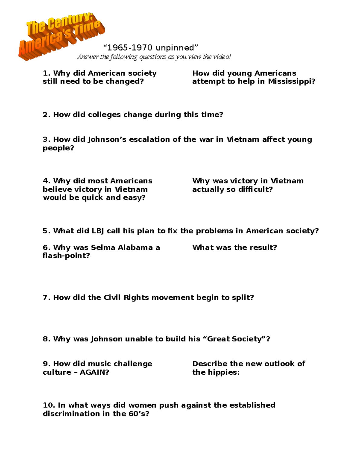 1965-1970: Key Changes in American Society and Culture - Studocu