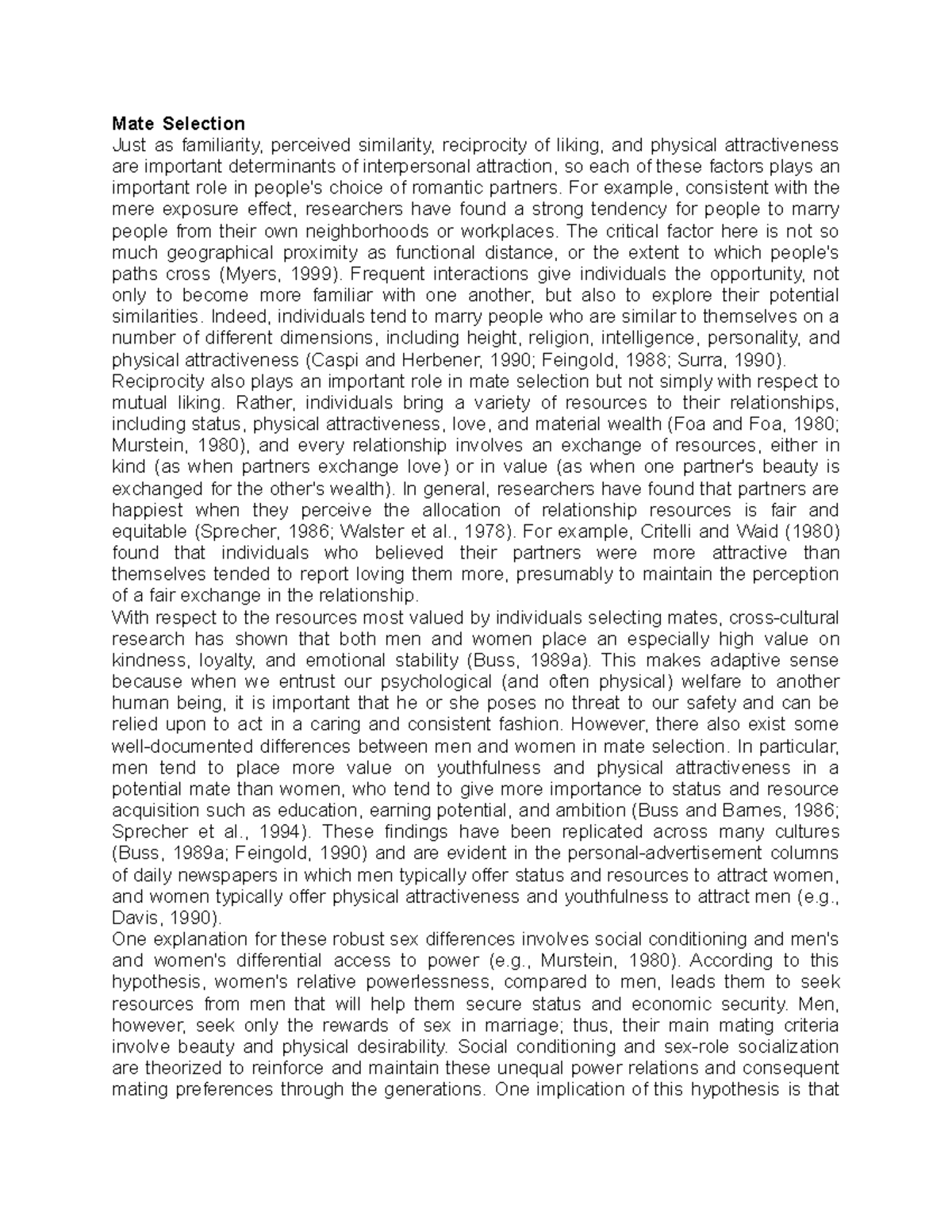 Mate Selection - Mate Selection Just as familiarity, perceived ...