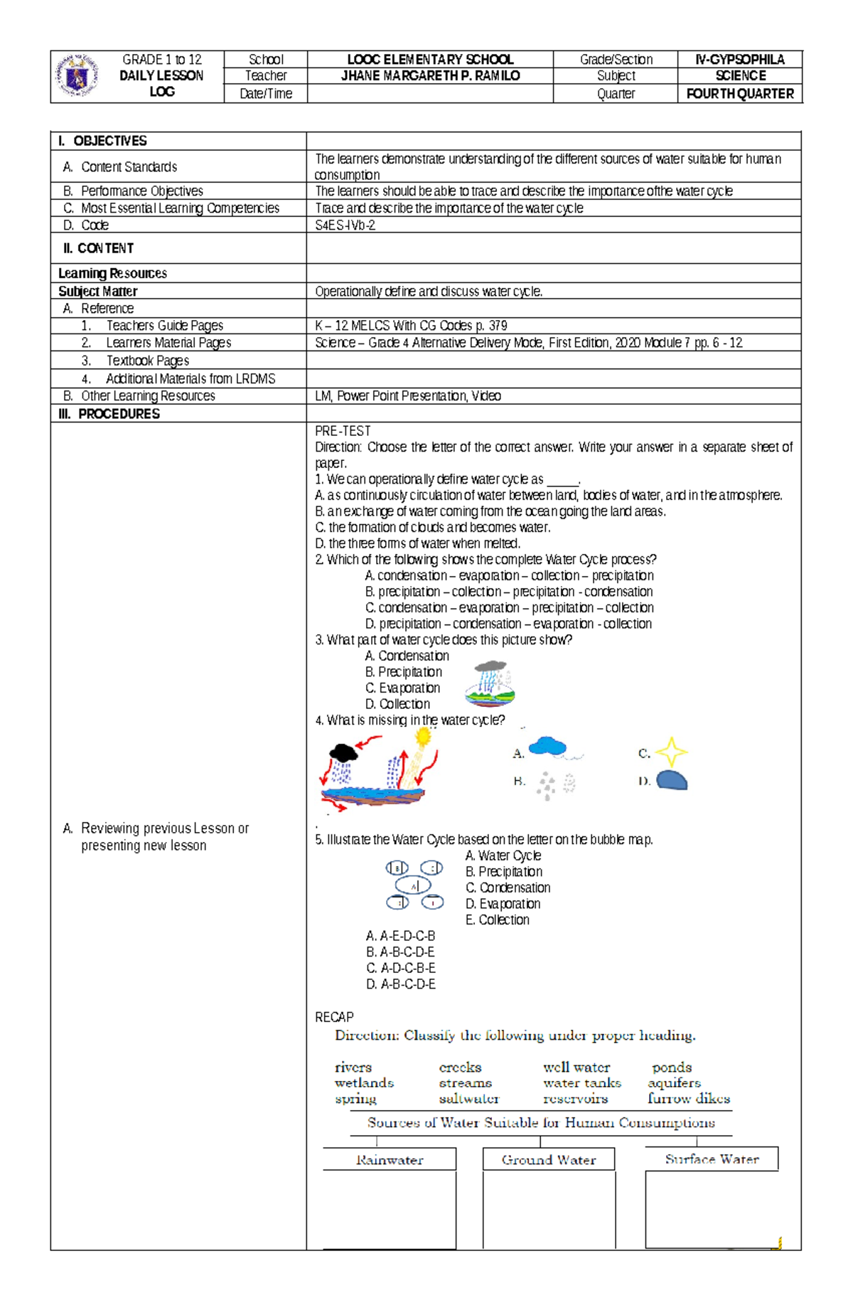 Q4 Week 3 Science DLP: Understanding the Water Cycle Concepts - Studocu