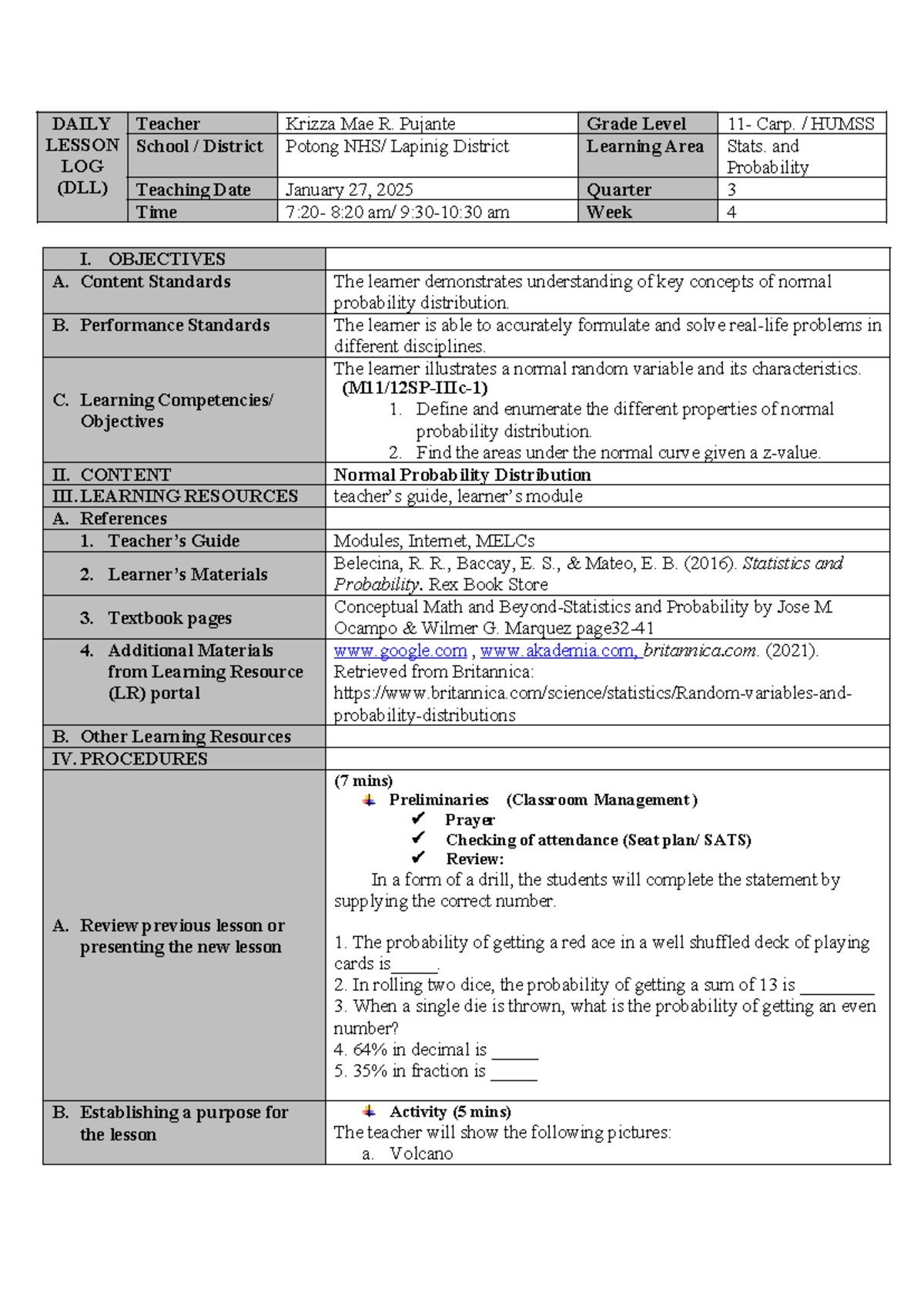 Contextualized lp 2 - lesson plan in statistics and probability - DAILY ...