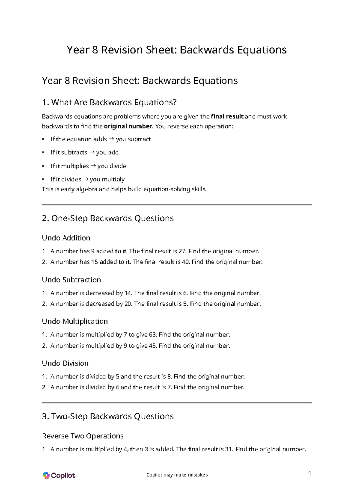 Year 8 Revision: Backwards Equations Guide and Practice - Studocu