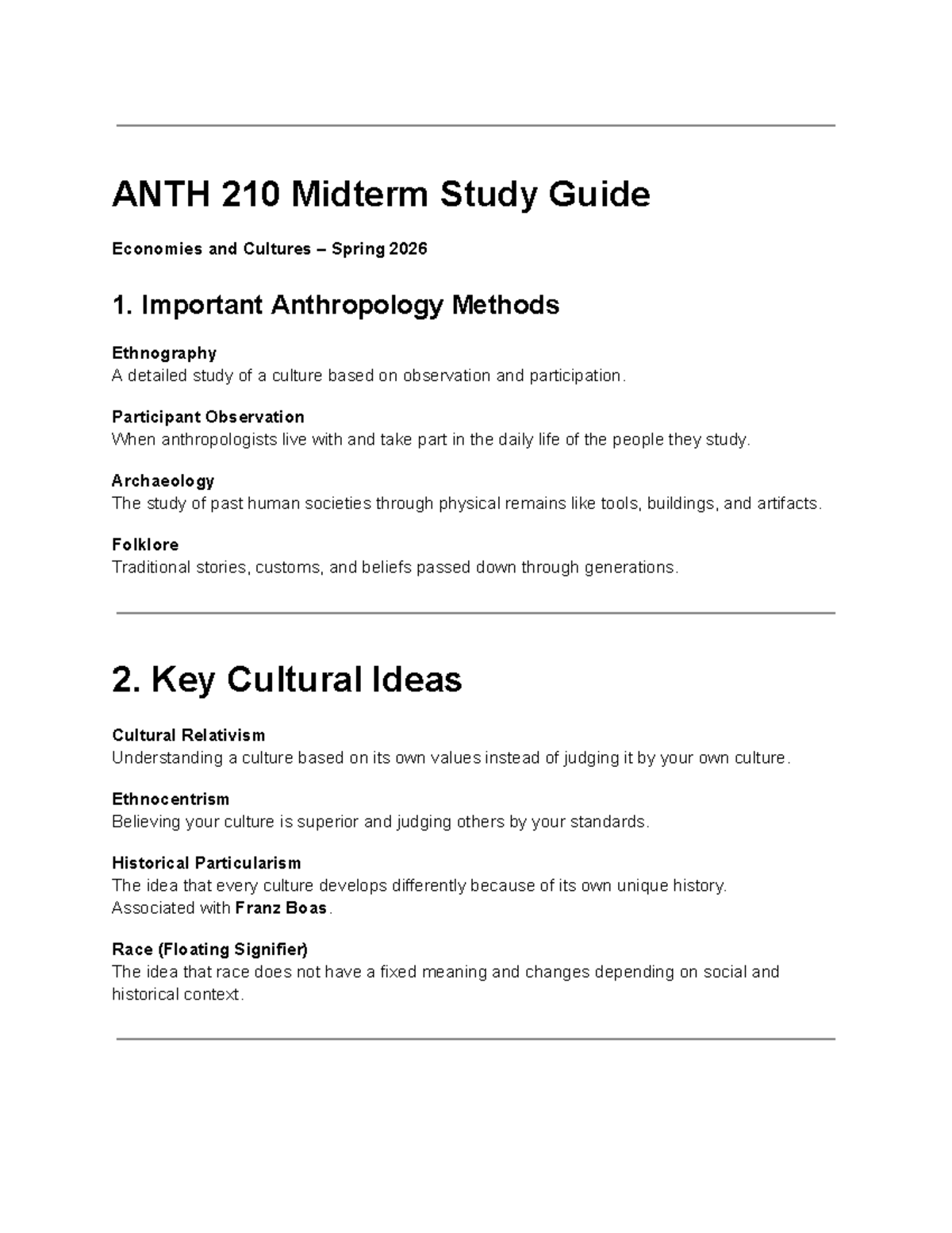 ANTH 210 Midterm Study Guide - Economies and Cultures - Studocu
