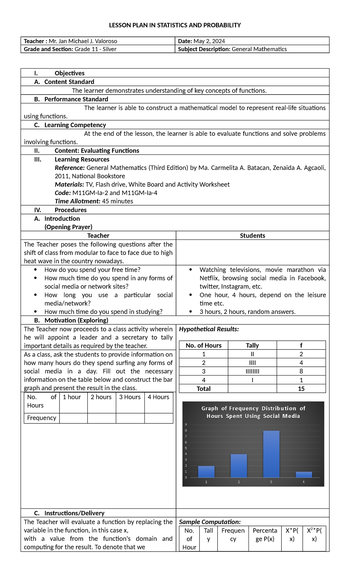LESSON PLAN IN STATISTICS AND PROBABILITY (Grade 11) - Studocu