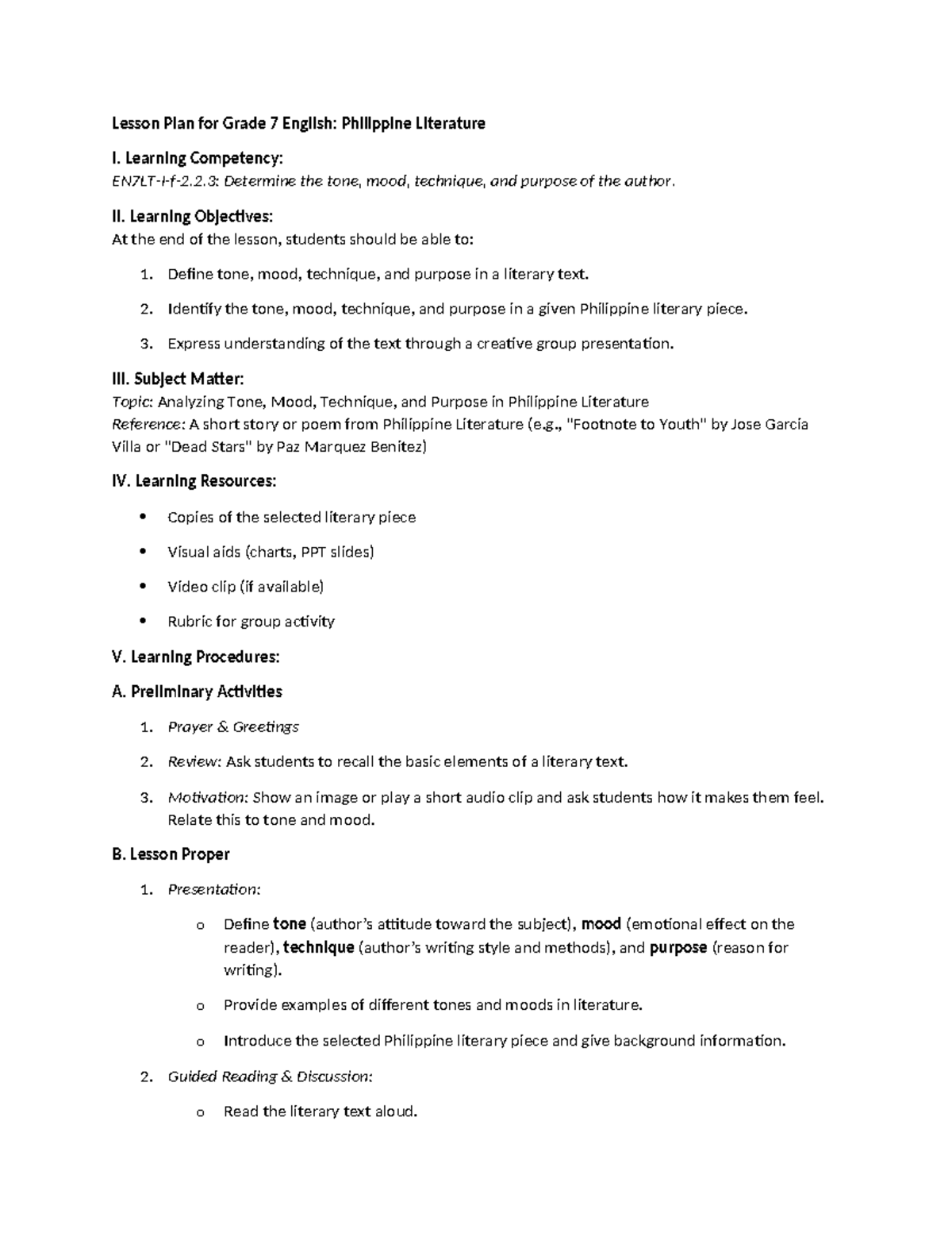 Grade 7 English Lesson Plan: Tone, Mood, Technique, & Purpose Analysis ...