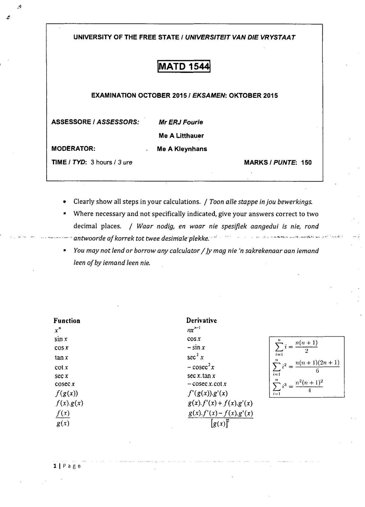 MATD 1544 EXAMINATION PAPER - OCTOBER 2015 - Studocu