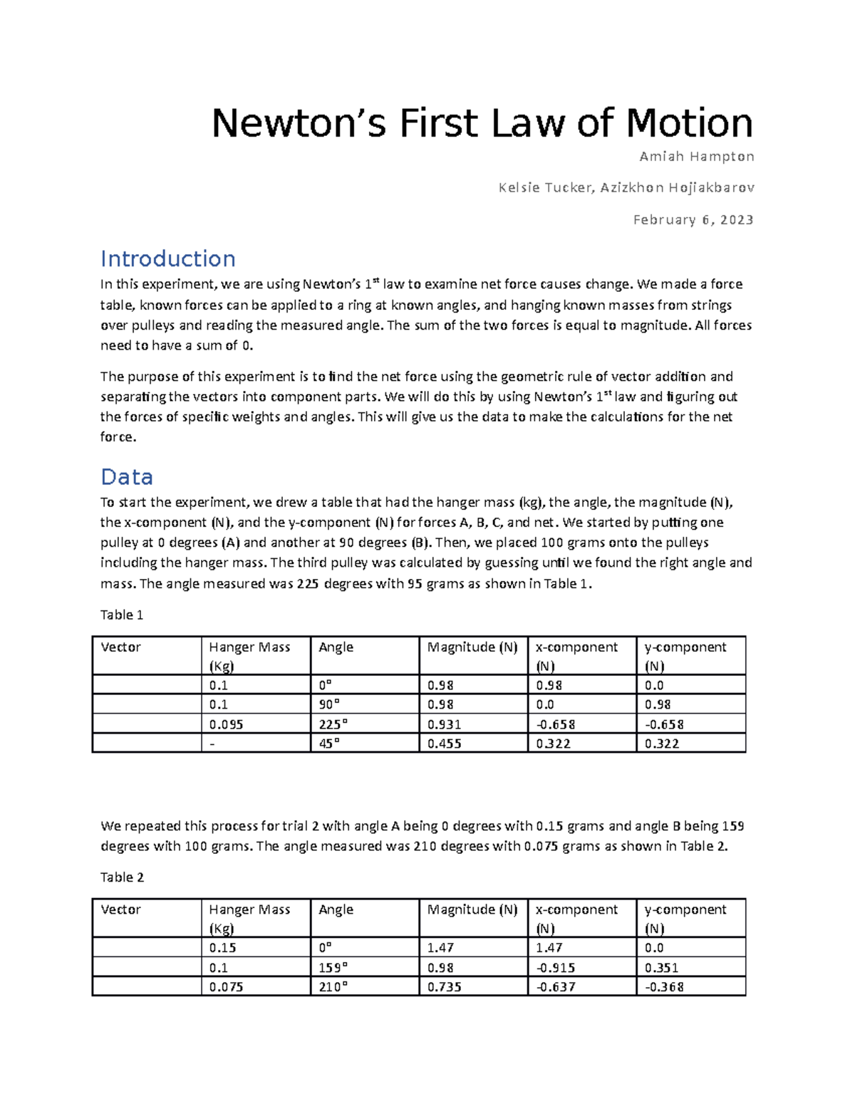 Newton's First Law of Motion Report - Newton’s First Law of Motion ...