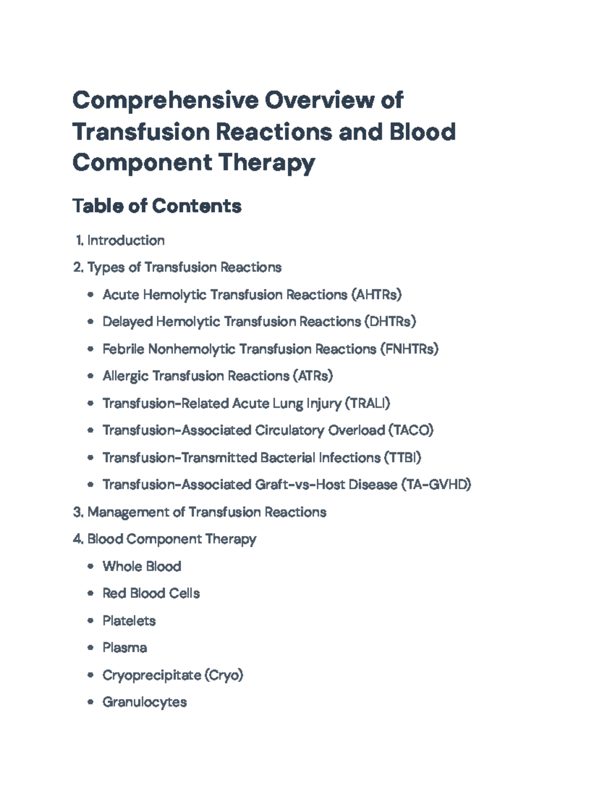 Transfusion Reactions and Blood Component Therapy Overview (TX101 ...
