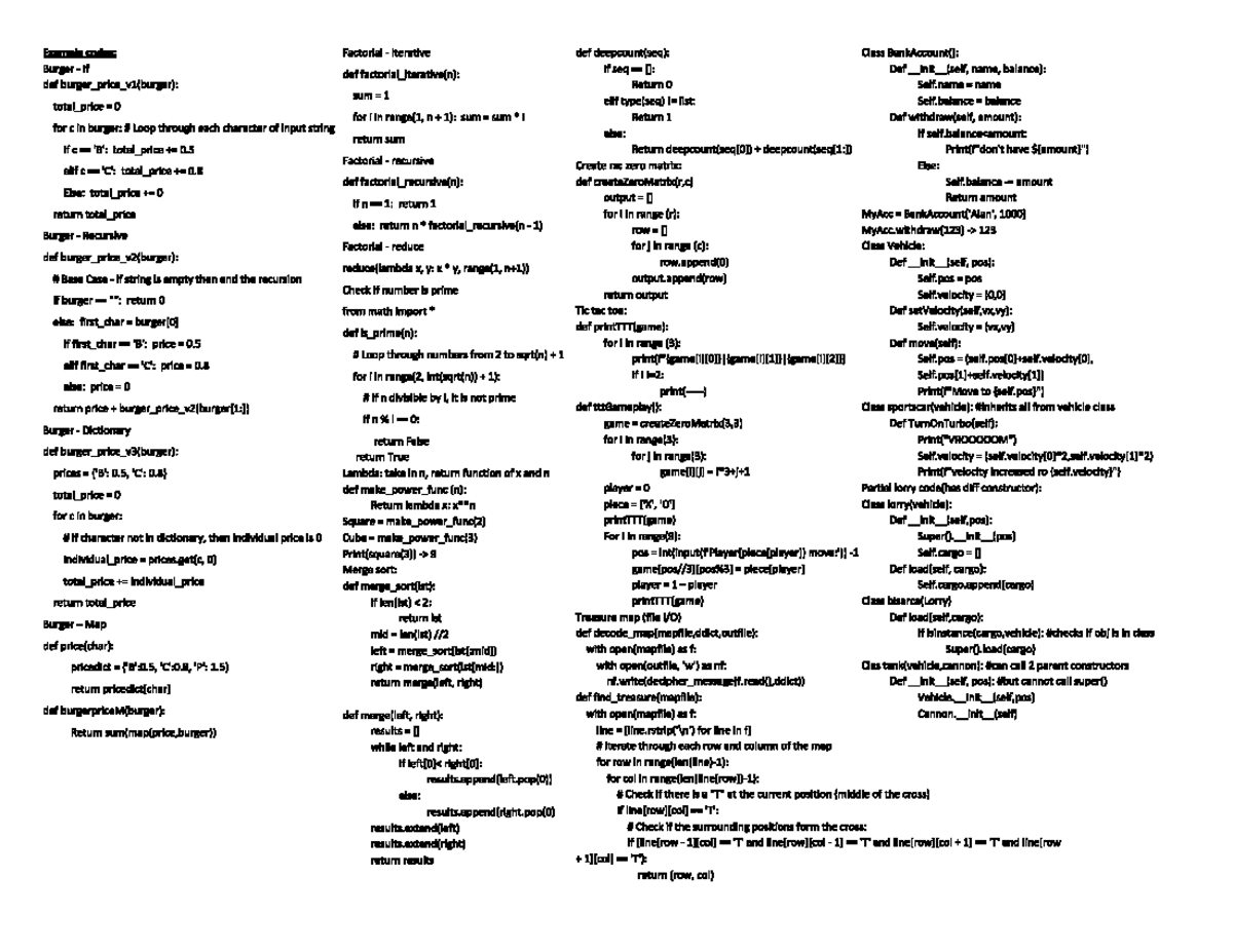 Practical exam cheatsheet - Example codes: Factorial iterative def ...