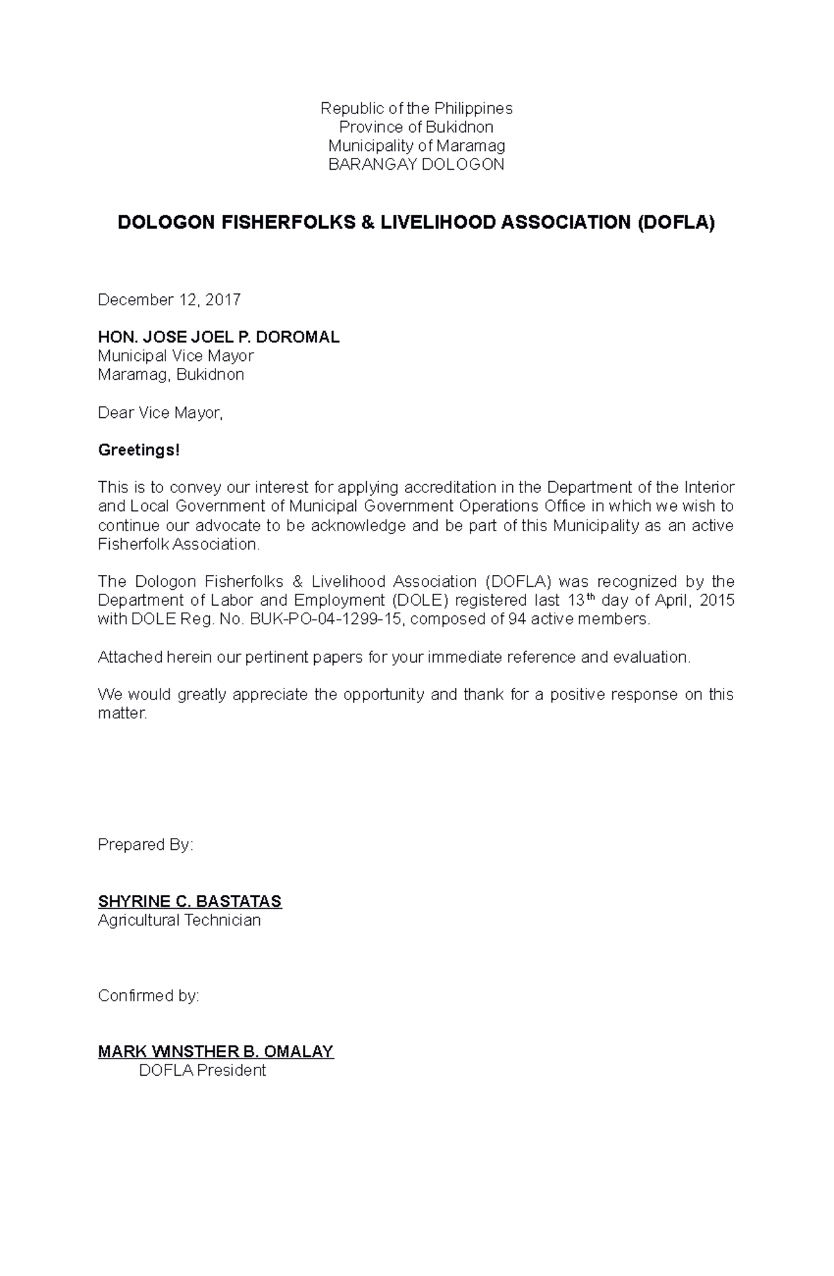 DOFLA Letter of Intent for Accreditation Application - Studocu