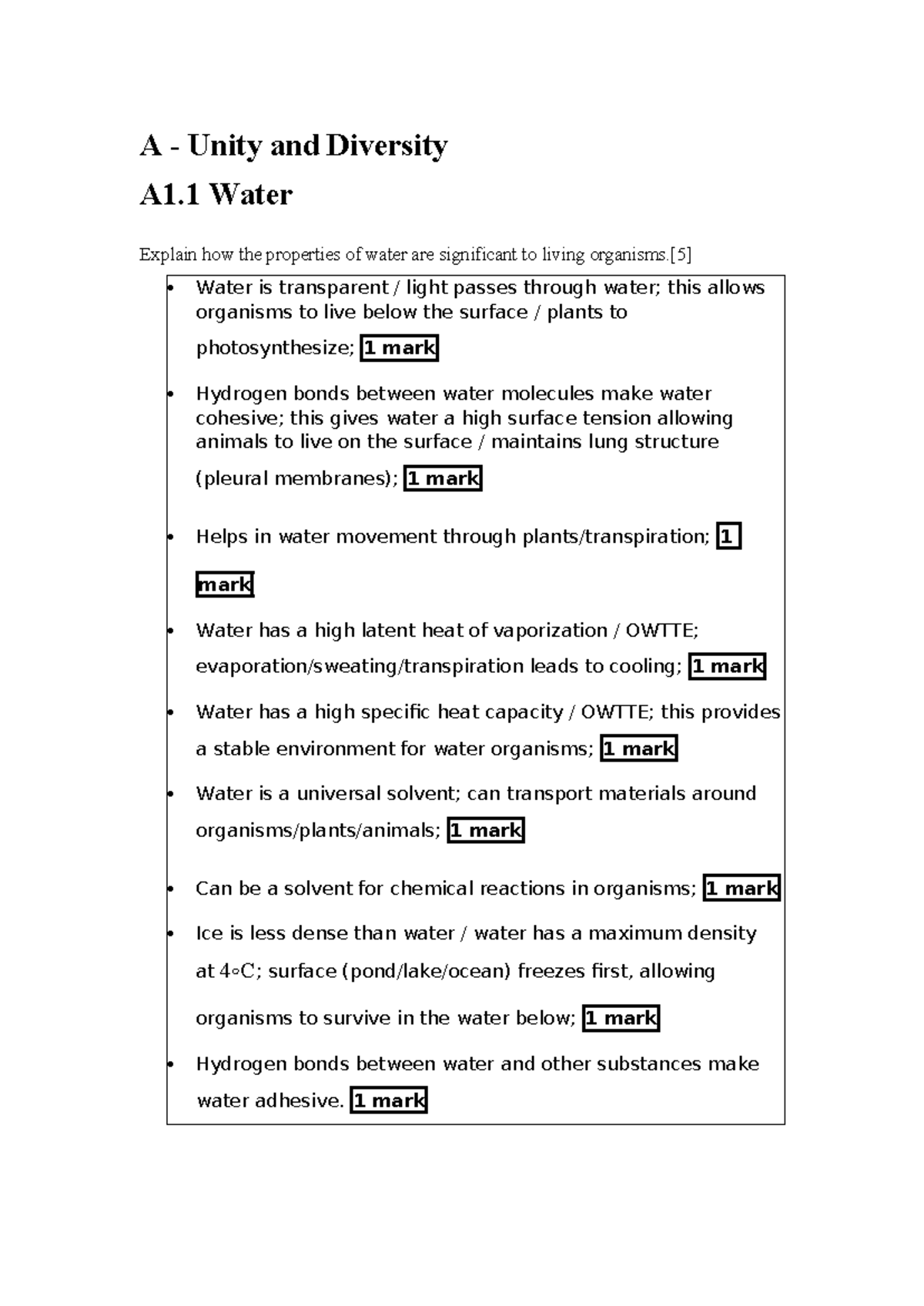 Biology revision Qs - A - Unity and Diversity A1 Water Explain how the ...