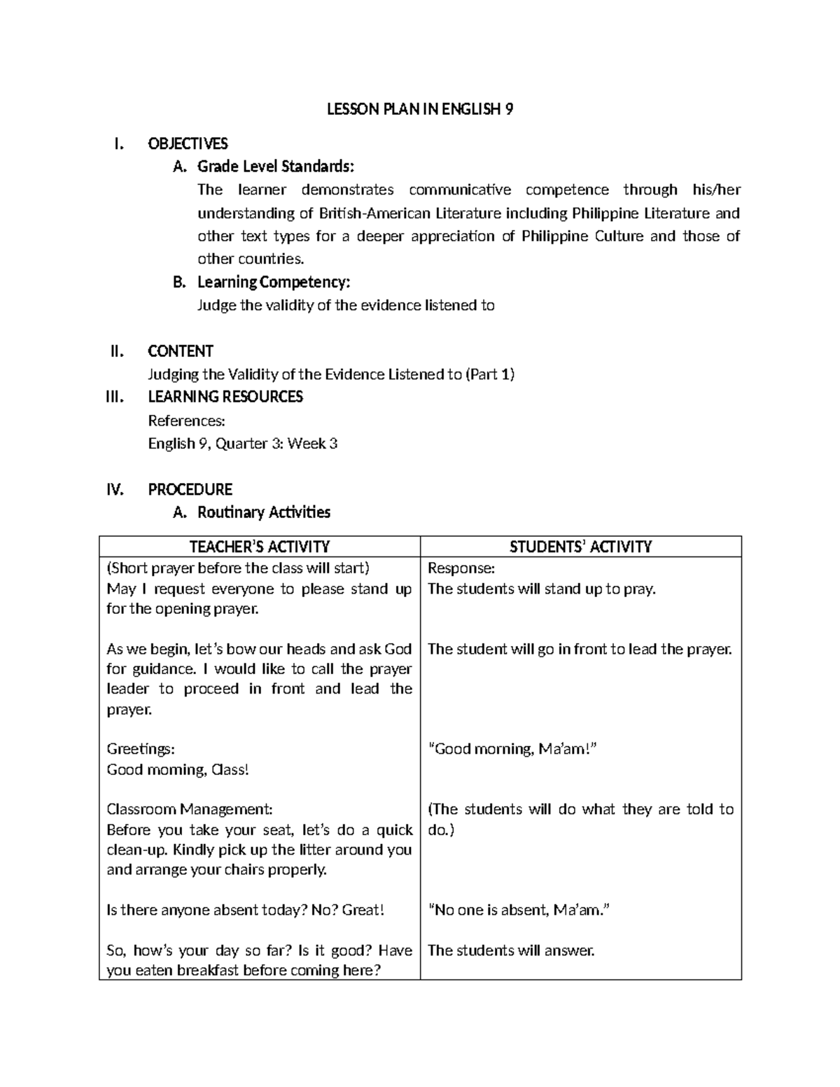 Listening Types and Validity in ENGLISH 9 Lesson Plan - Studocu