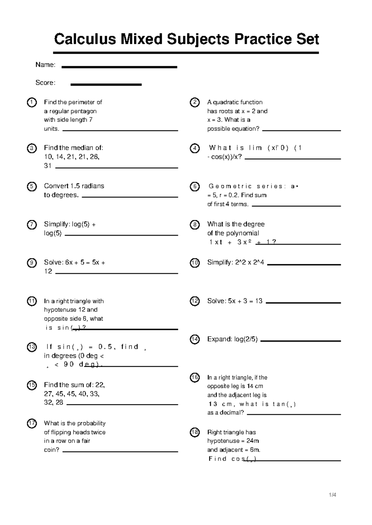 Calculus Mixed Subjects Practice Set 1: Problem Solutions and Answers ...