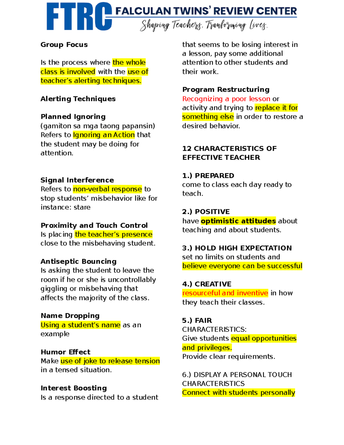 FTRC - Group Focus & Alerting Techniques for Effective Teaching - Studocu