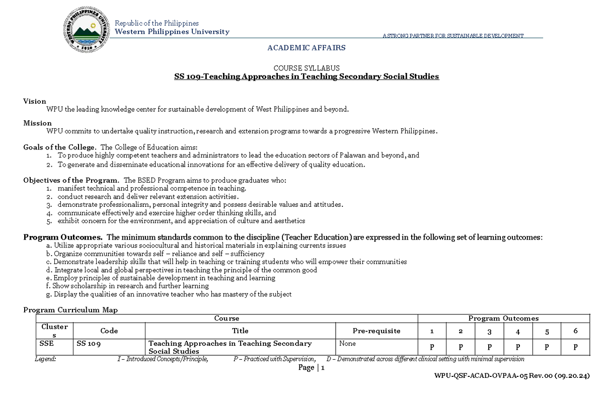 SS 109A Teaching Approaches in Secondary Social Studies Syllabus - Studocu