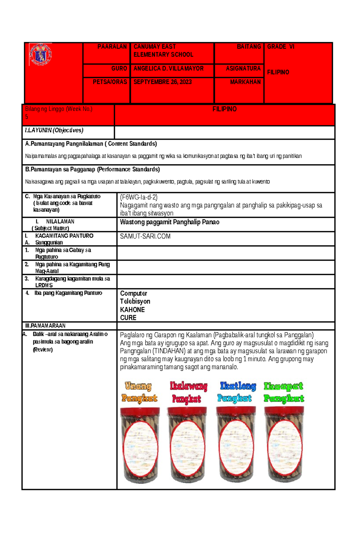 COT- Lesson Plan sa Panghalip Panao para sa Baitang VI - Studocu