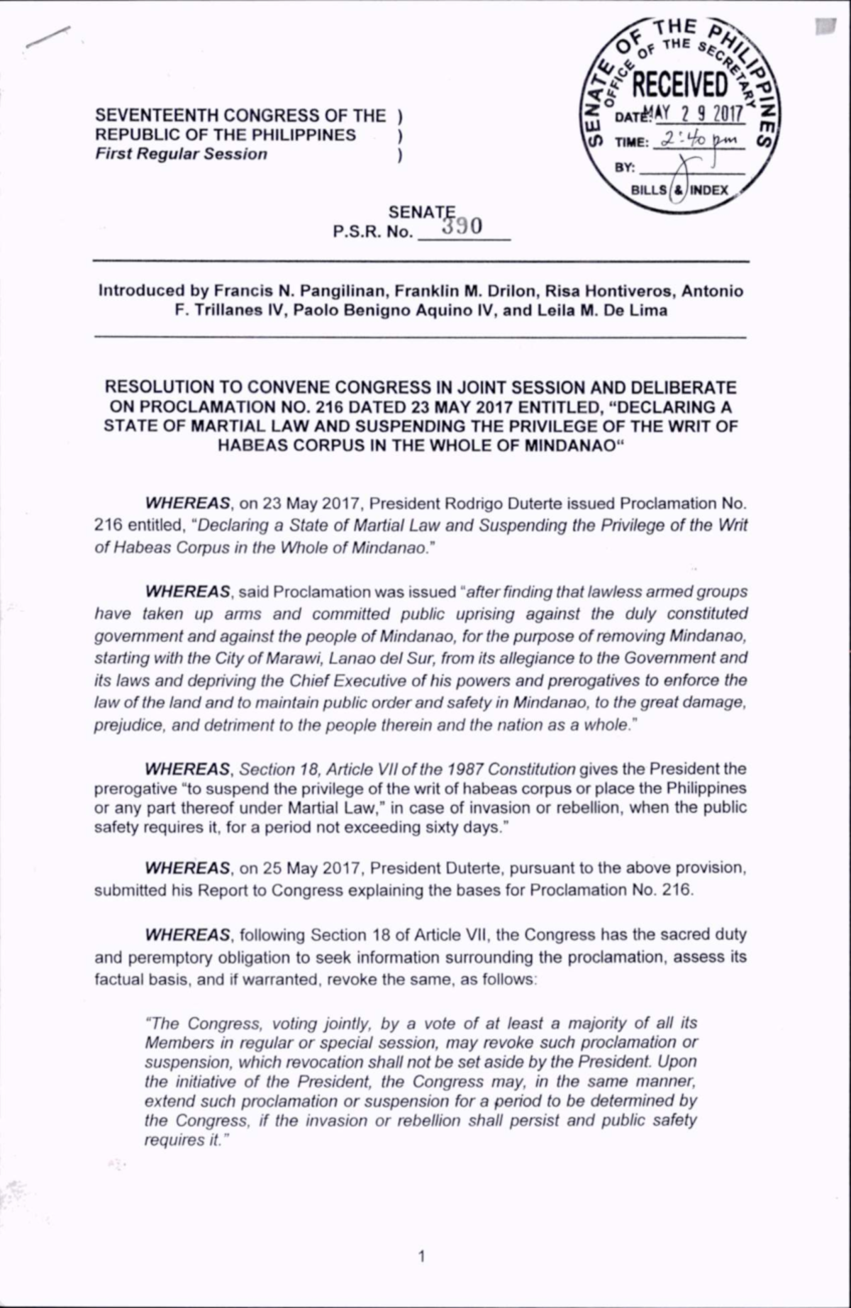 Resolution on Proclamation No. 216: Joint Session of Congress - Studocu