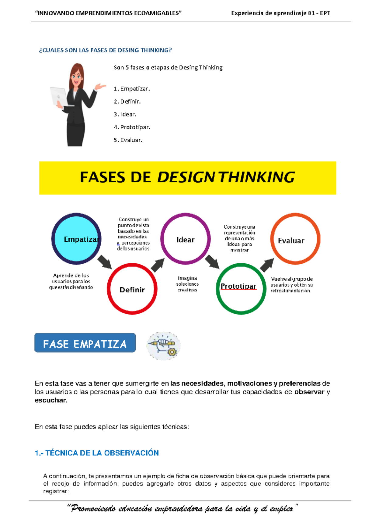 EMPRENDIMIENTOS EPT: Fases del Design Thinking y Técnicas de Empatía - Studocu