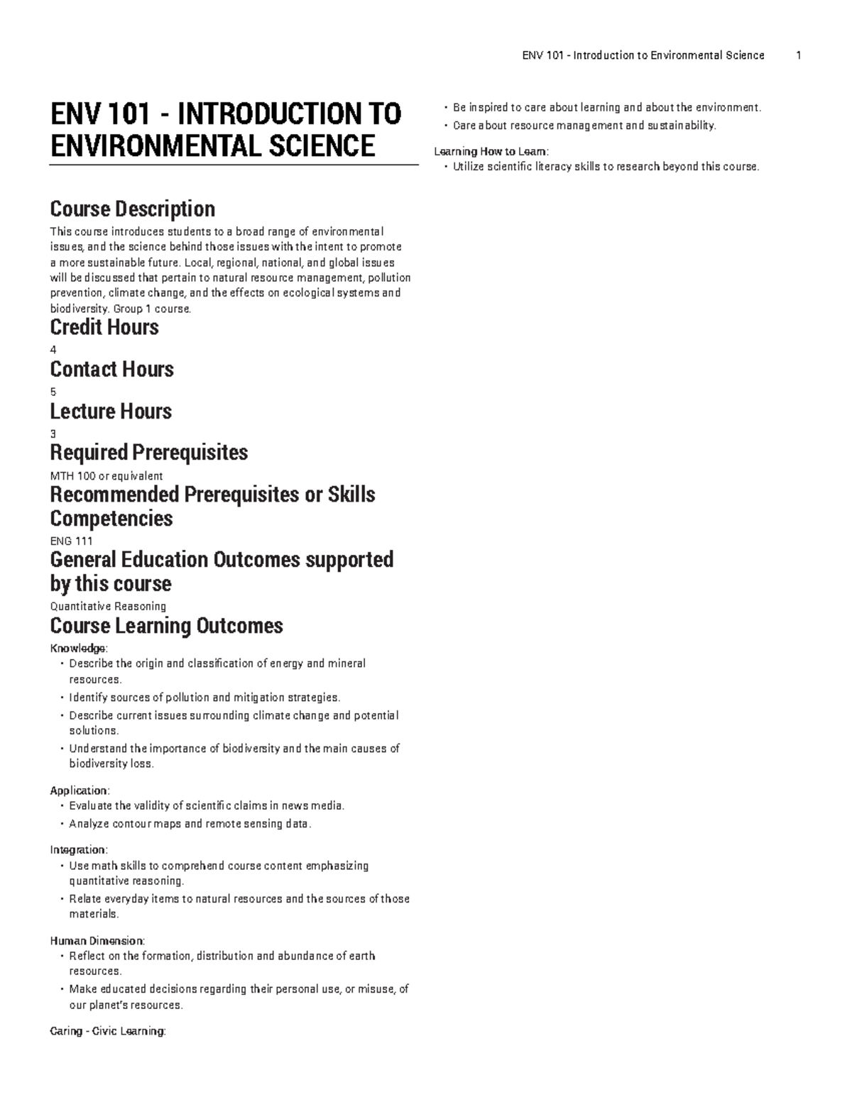 Env-101 - Course outline - ENV 101 - Introduction to Environmental ...