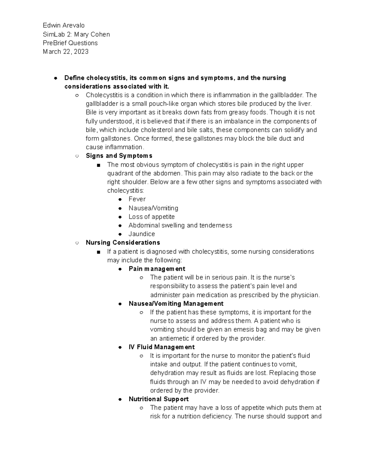 Sim Lab 2 Mary Cohen - Edwin Arevalo SimLab 2: Mary Cohen PreBrief ...