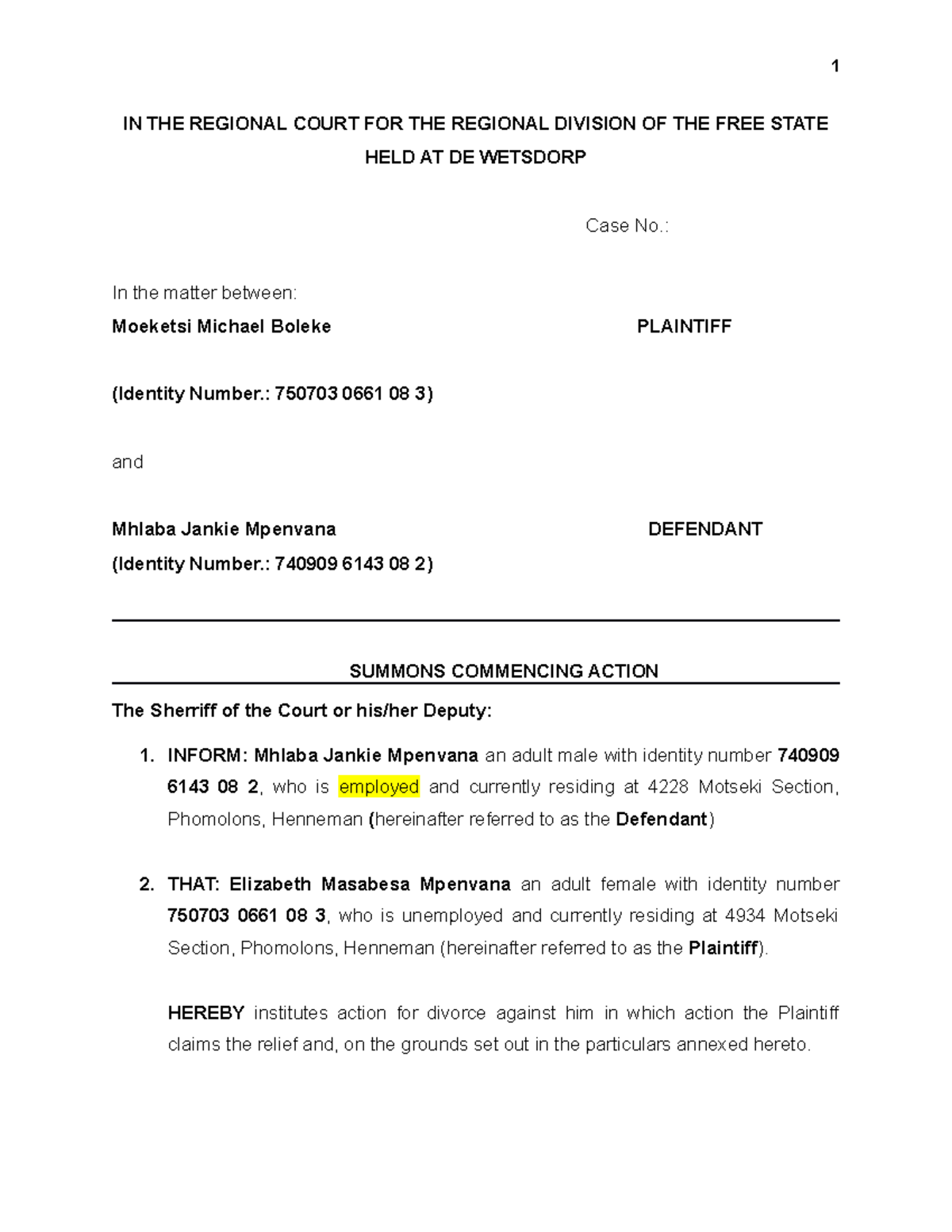 Divorce Summons and Action Commencement: Case No. [INSERT CASE NUMBER] - Studocu