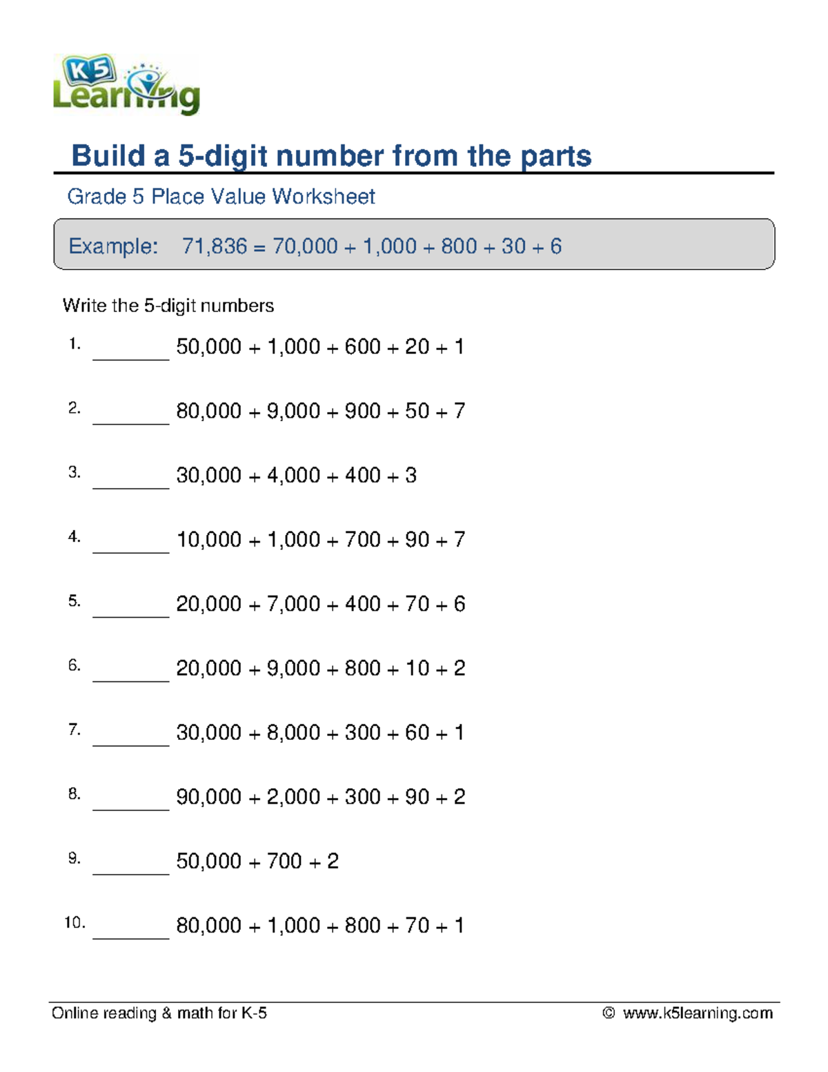 Grade 5 Place Value Worksheet: Building 5-Digit Numbers - Studocu