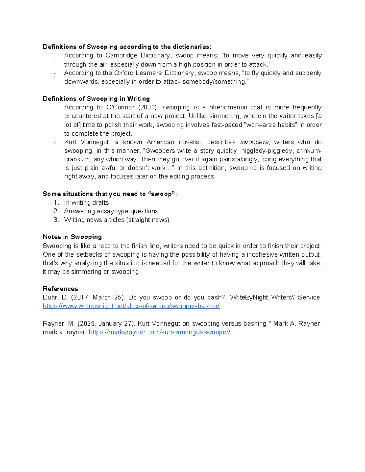 Definitions of swooping in writing and its implications - Studocu