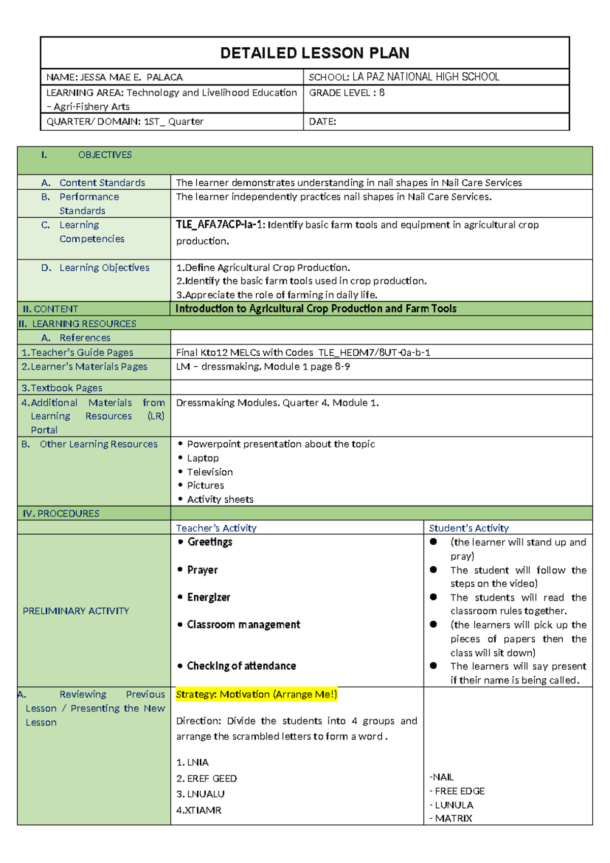 Detailed Lesson Plan: Agricultural Crop Production (TLE 8) - Studocu
