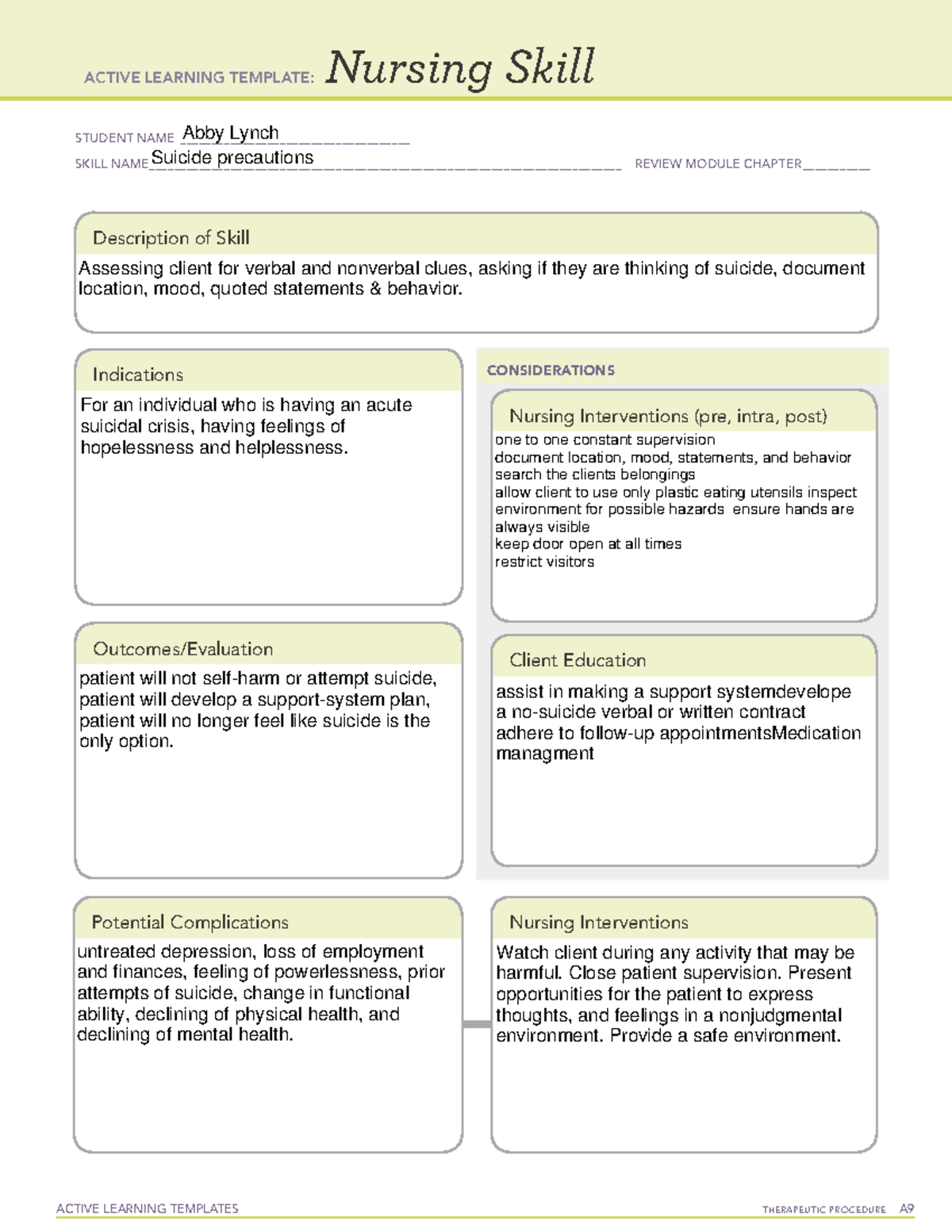 Active Learning Template: Nursing Skill - Suicide Precautions (NRS 101 ...