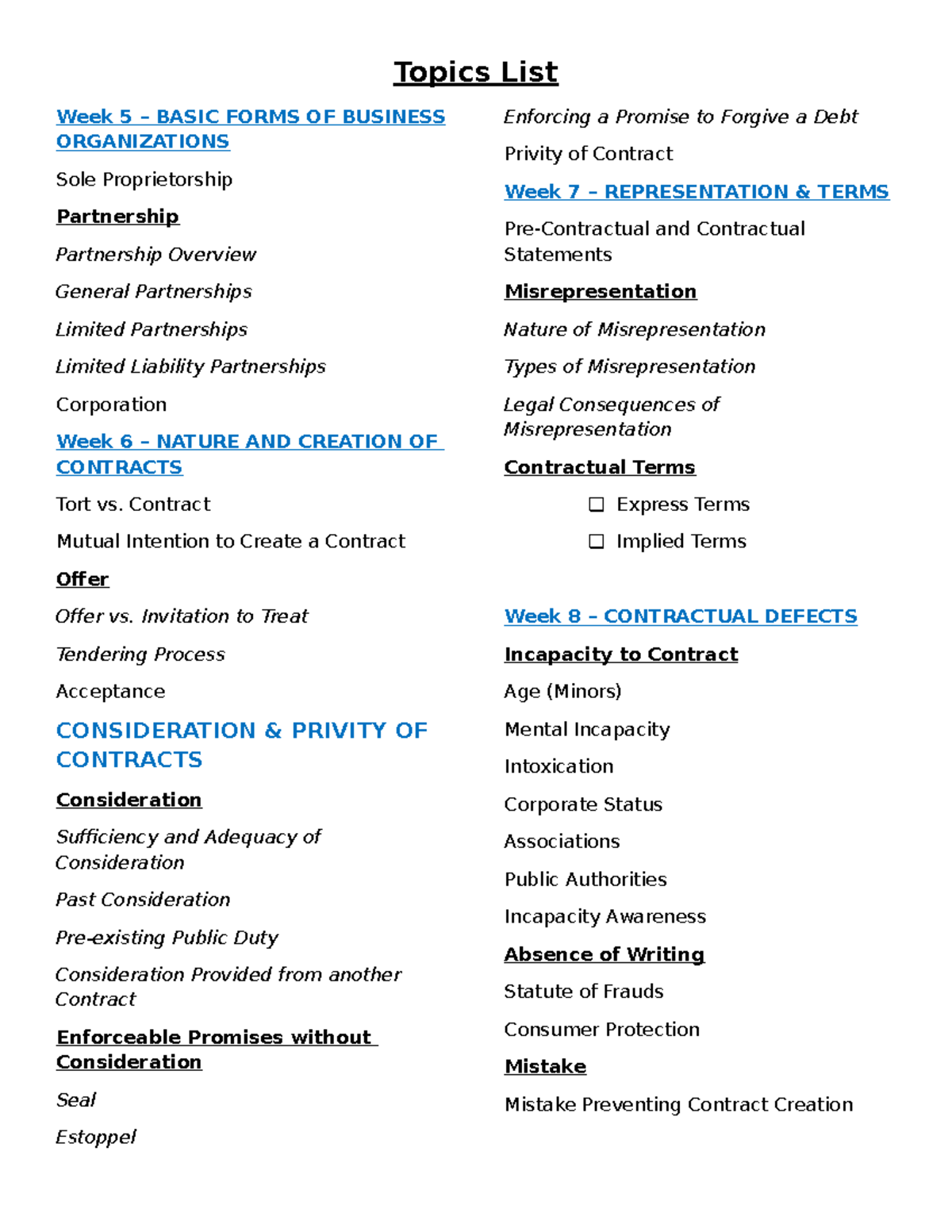 Midterm topic list - Topics List Week 5 – BASIC FORMS OF BUSINESS ...