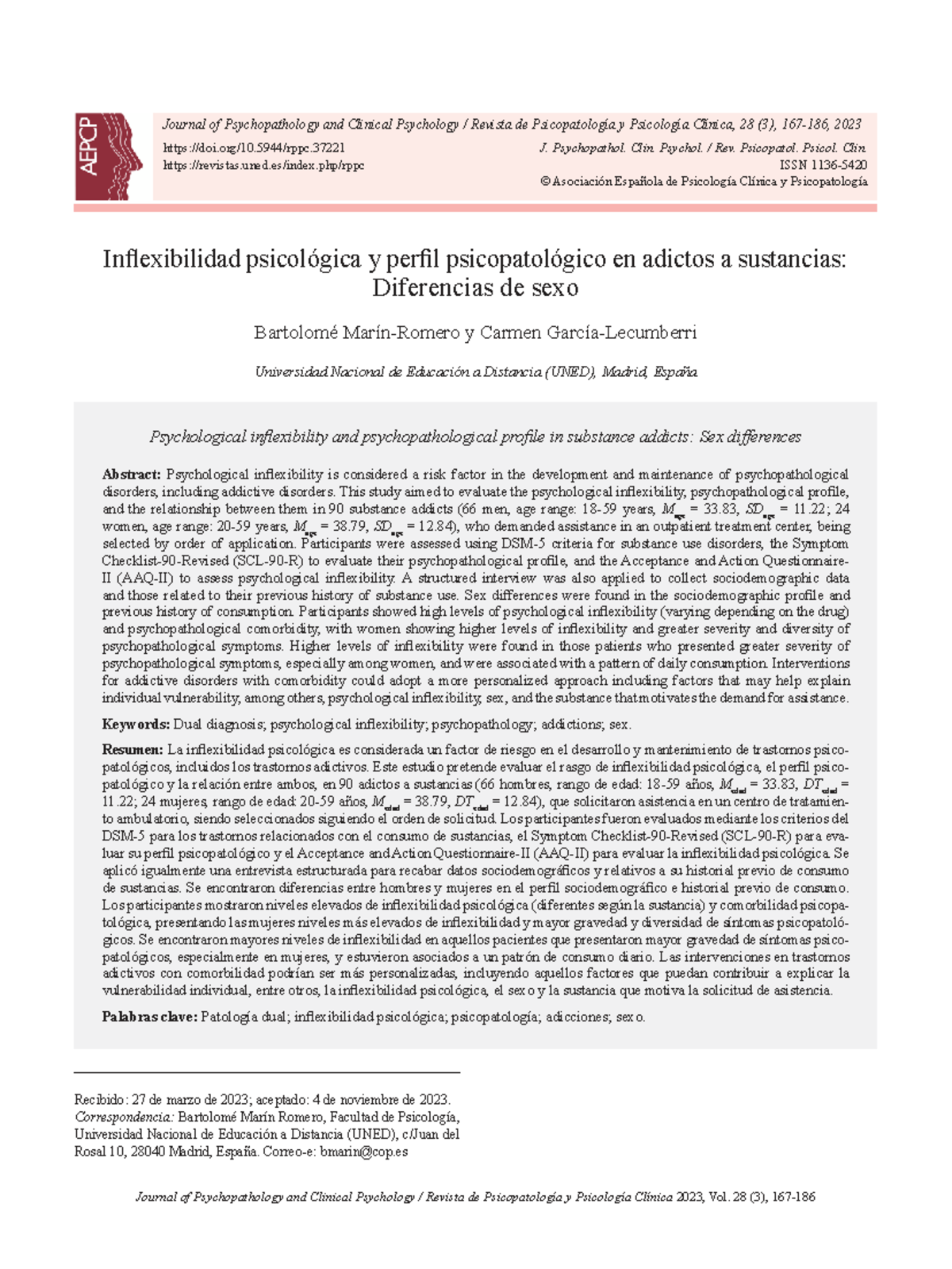 Inflexibilidad Psicológica y Perfil Psicopatológico en Adictos a ...