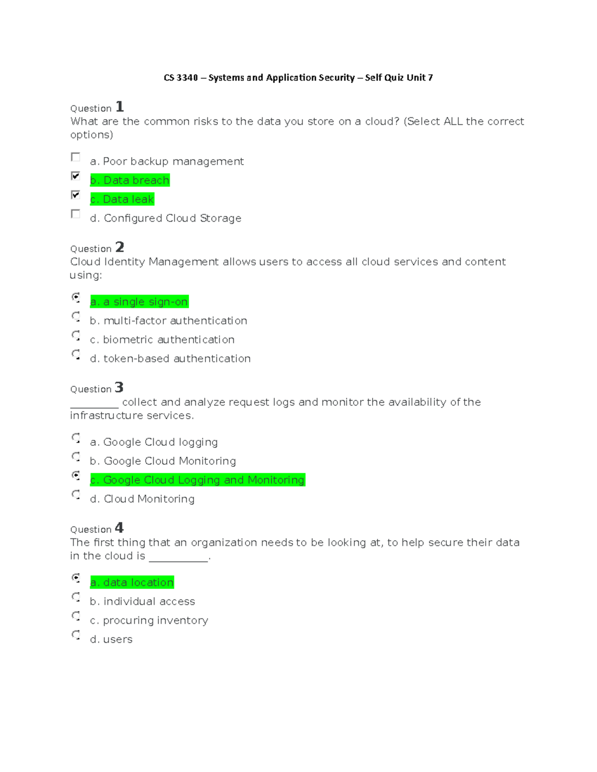 Cs 3340 Systems And Application Security Self Quiz Unit 7 Cs 3340 Systems And