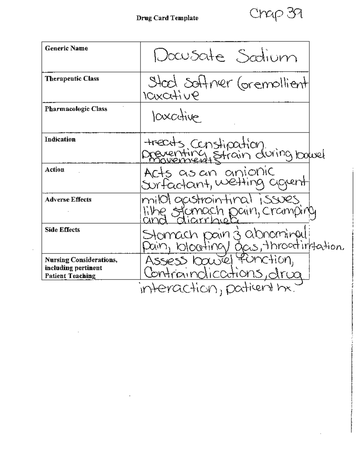 Drug Card Template: Docusate Sodium (Chap 39) - Laxative Info - Studocu
