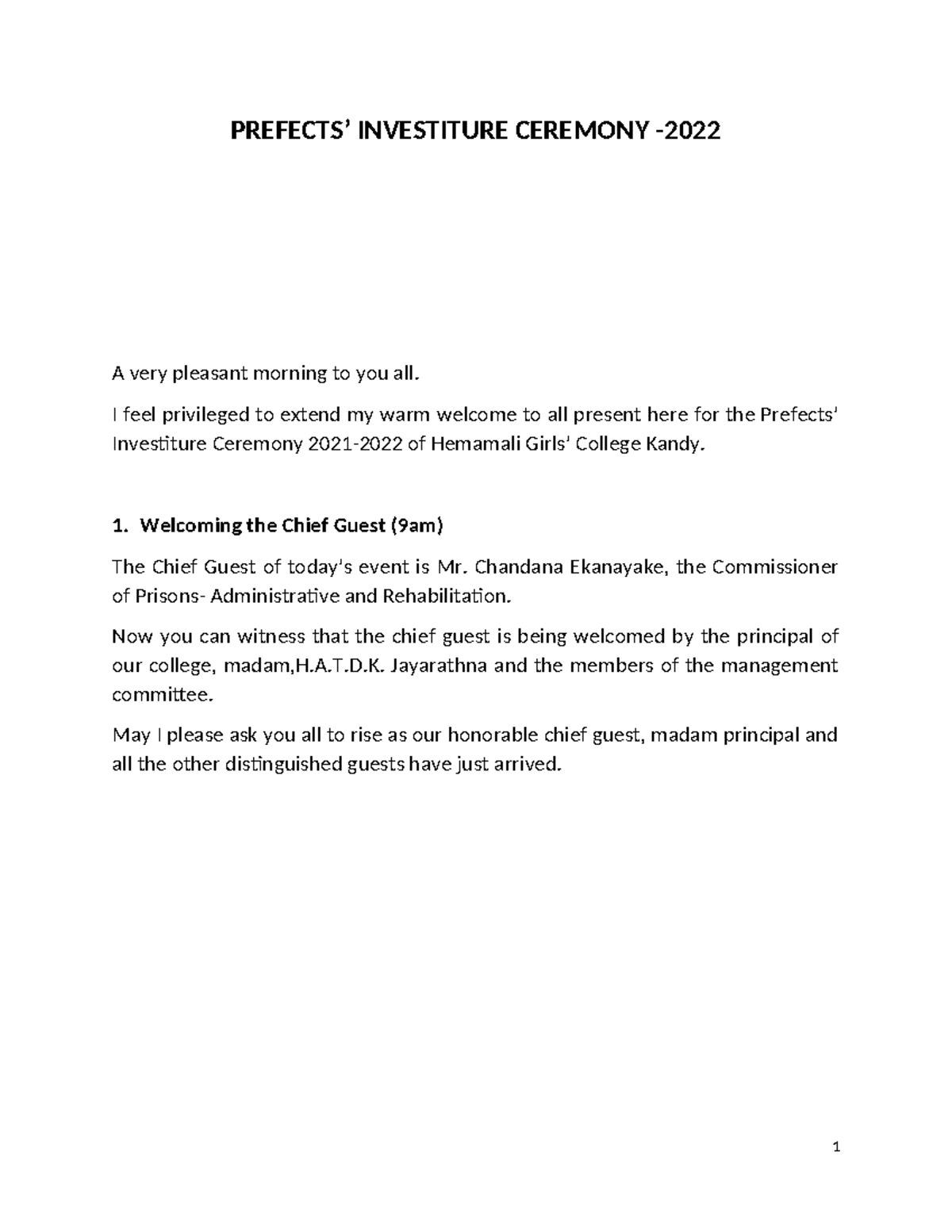 Prefects' Investiture Ceremony Script 2021-2022 - Hemamali College ...