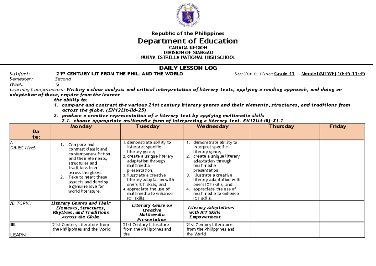 21st Century Literature Daily Lesson Log (DLL) - Week 5 - Studocu