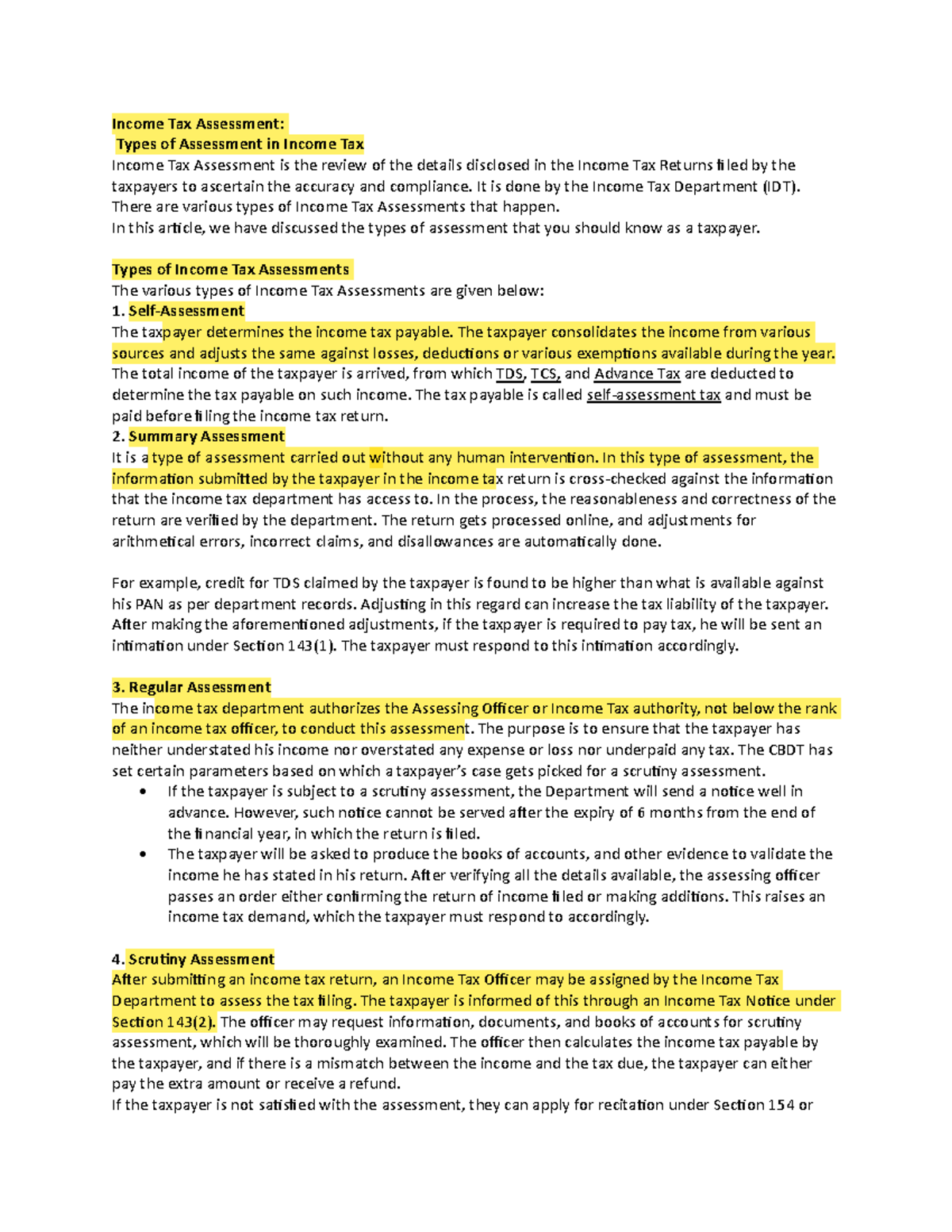 Income Tax Assessment: Understanding Types of Assessments - Studocu