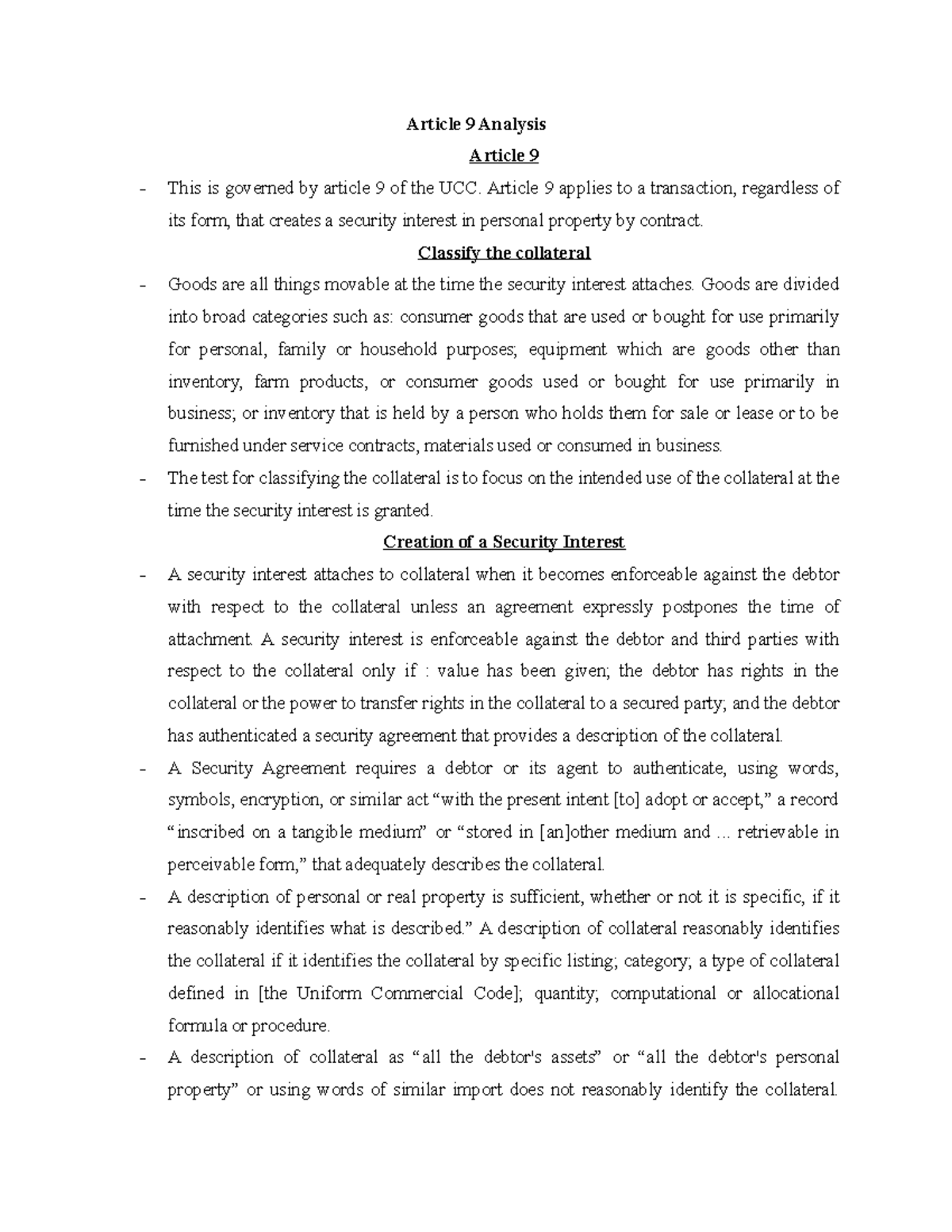 UCC Article 9 Security Interest Analysis and Summary Essay - Studocu