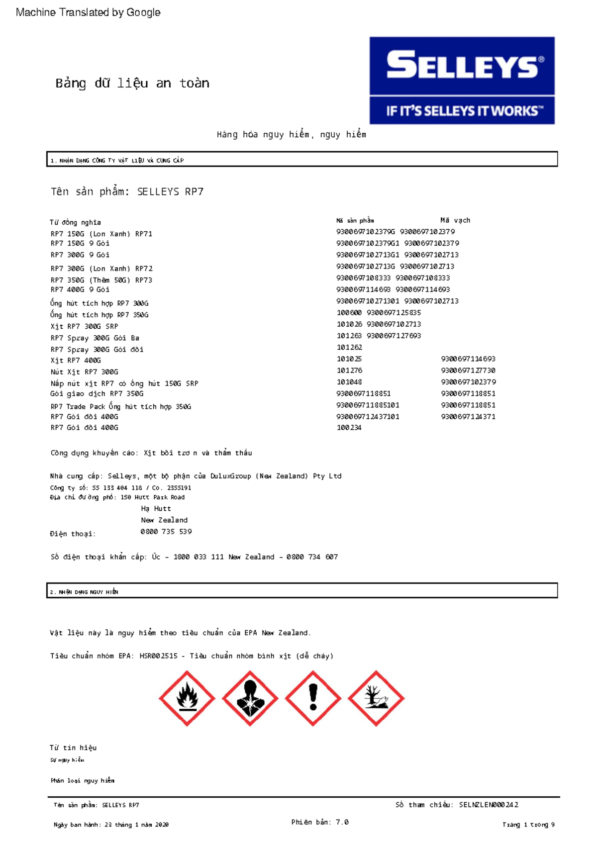 MSDS RP7: Bảng Dữ Liệu An Toàn Hàng Hóa Nguy Hiểm - Studocu