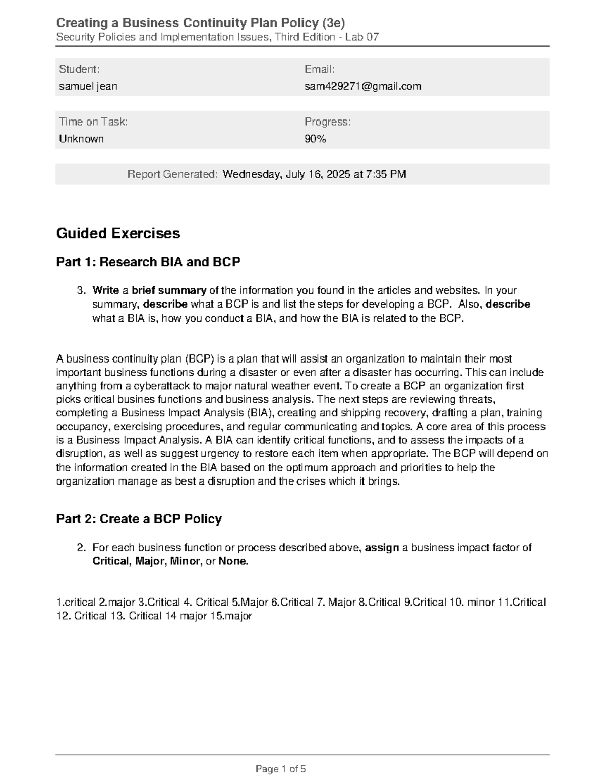 Creating a Business Continuity Plan Policy (3e) - Lab 07 Summary and ...